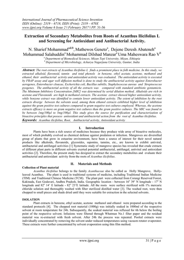 Extraction of Secondary Metabolites from Roots of Acanthus Ilicifolius ...