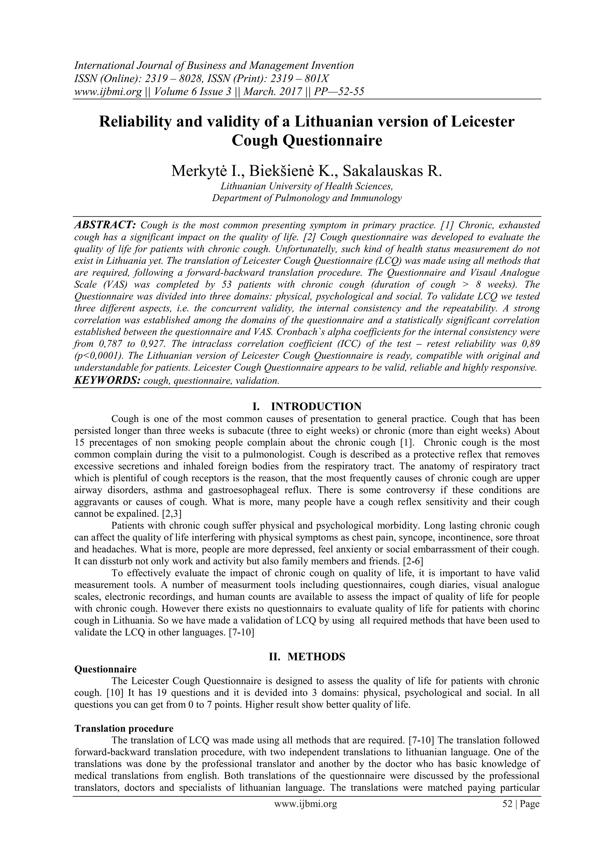 Reliability and validity of a Lithuanian version of Leicester Cough ...
