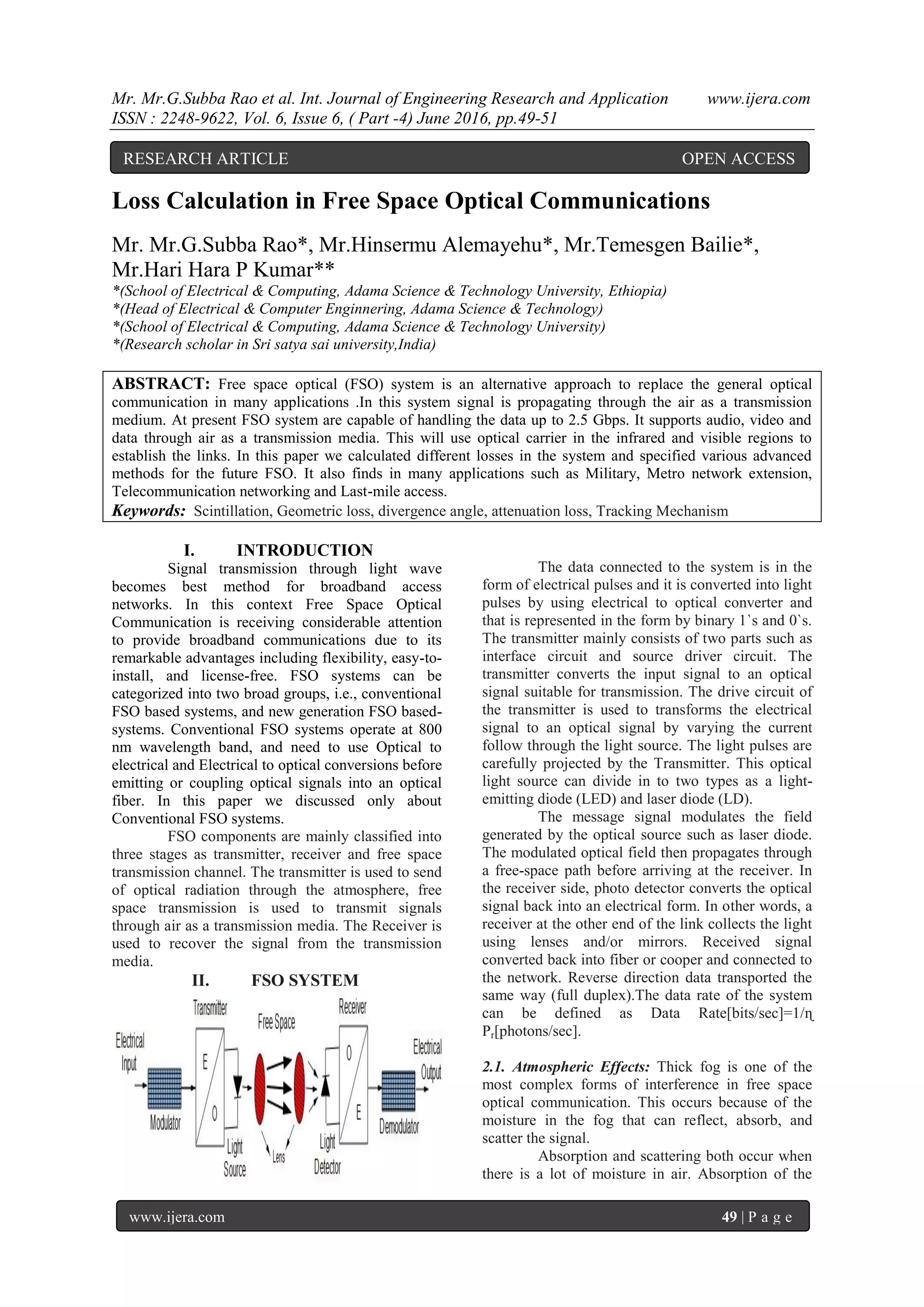 Loss Calculation in Free Space Optical Communications | PDF