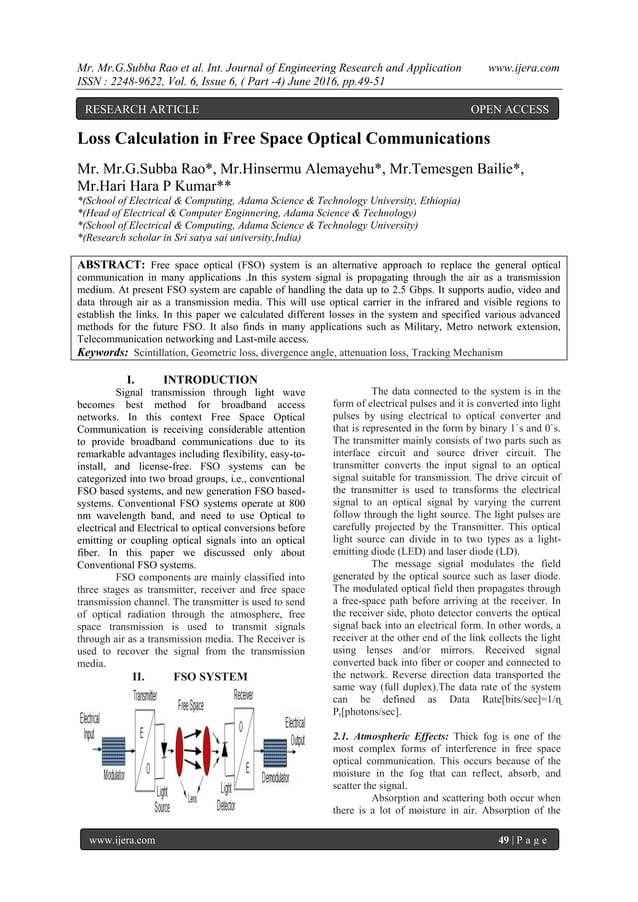 Loss Calculation in Free Space Optical Communications | PDF