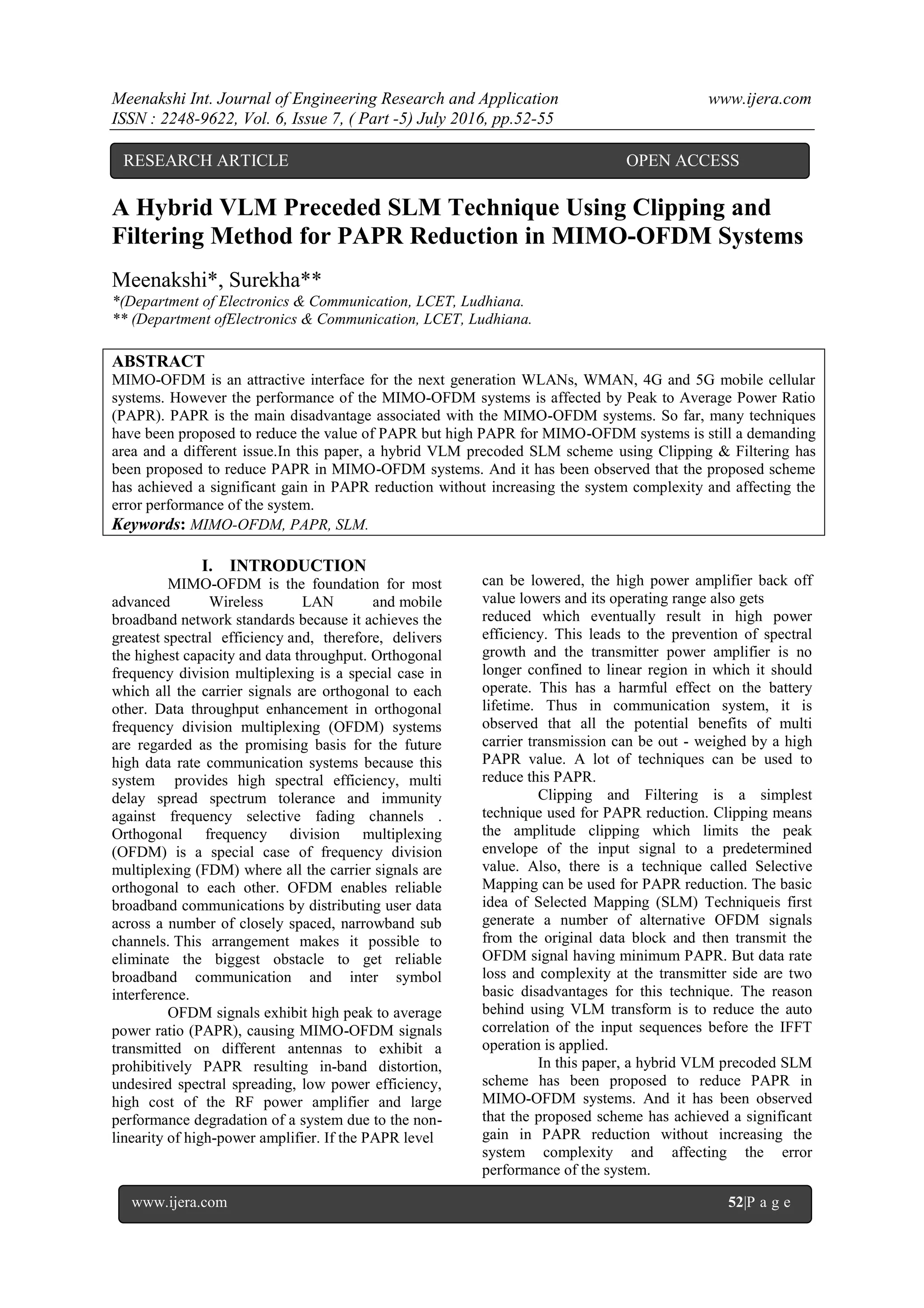 A Hybrid VLM Preceded SLM Technique Using Clipping and Filtering Method for PAPR Reduction in ...