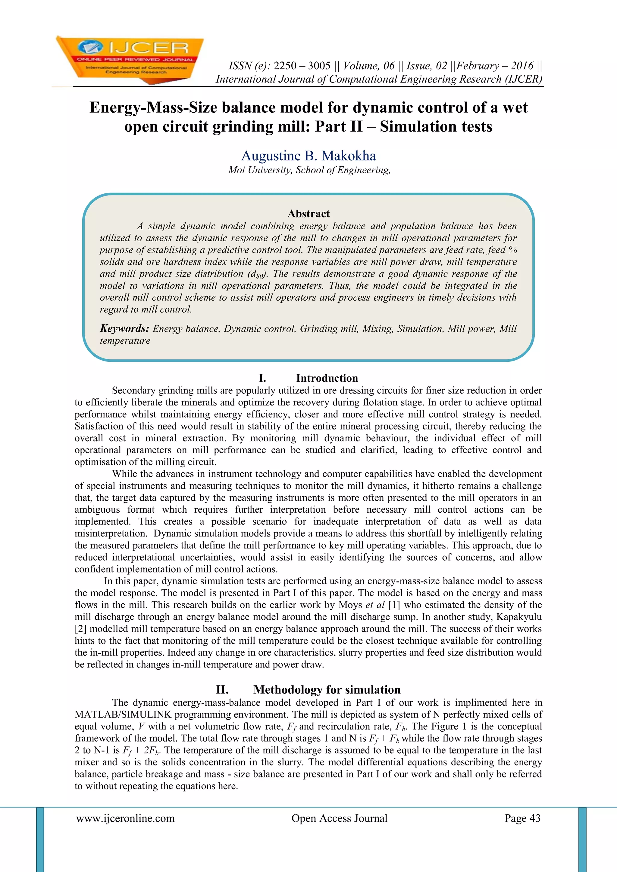 Energy-Mass-Size balance model for dynamic control of a wet open circuit grinding mill: Part II ...
