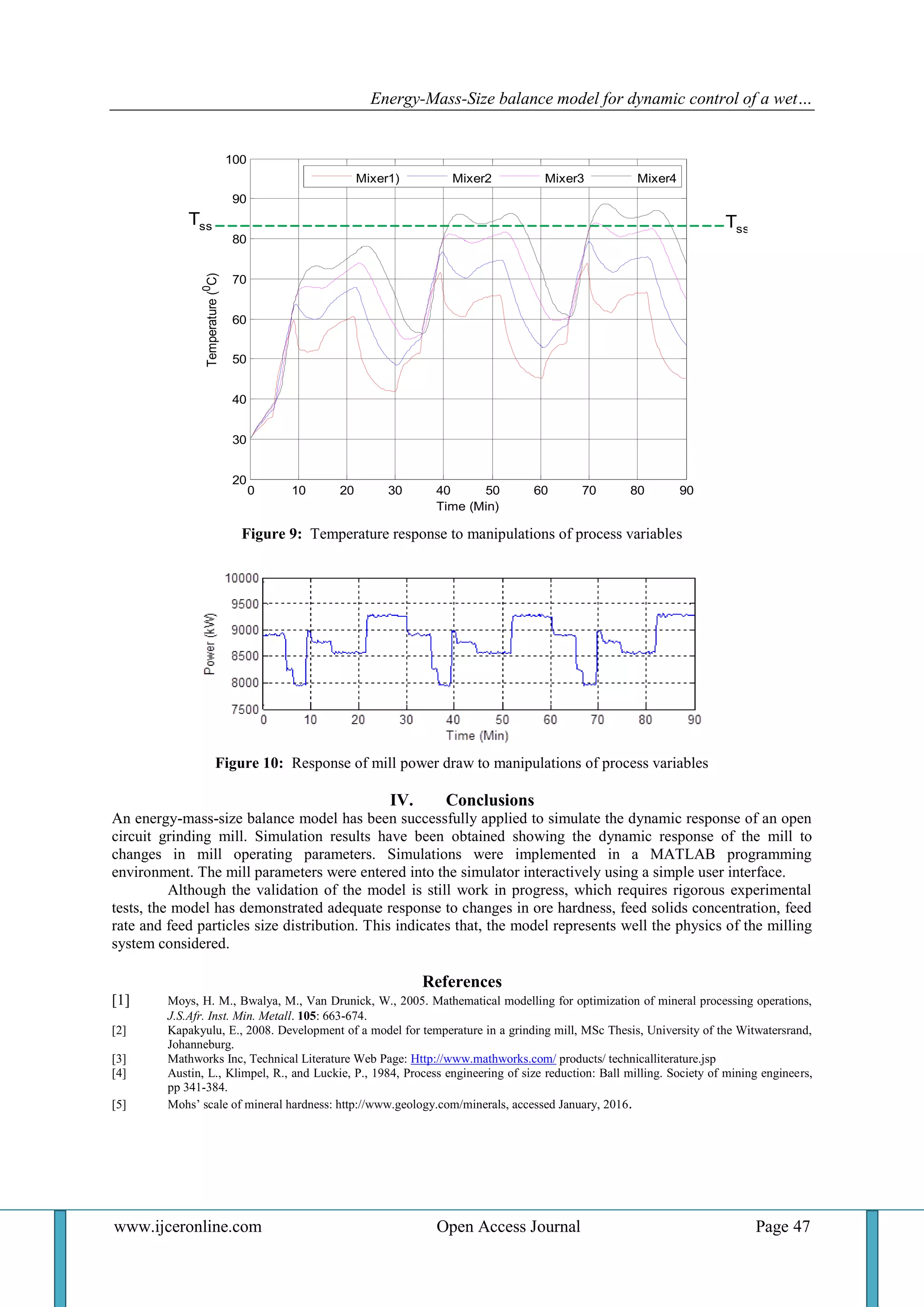 Energy-Mass-Size balance model for dynamic control of a wet open circuit grinding mill: Part II ...
