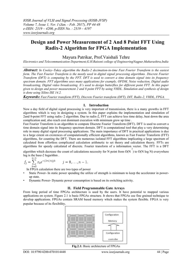 Design And Power Measurement Of 2 And 8 Point Fft Using Radix 2 Algorithm For Fpga