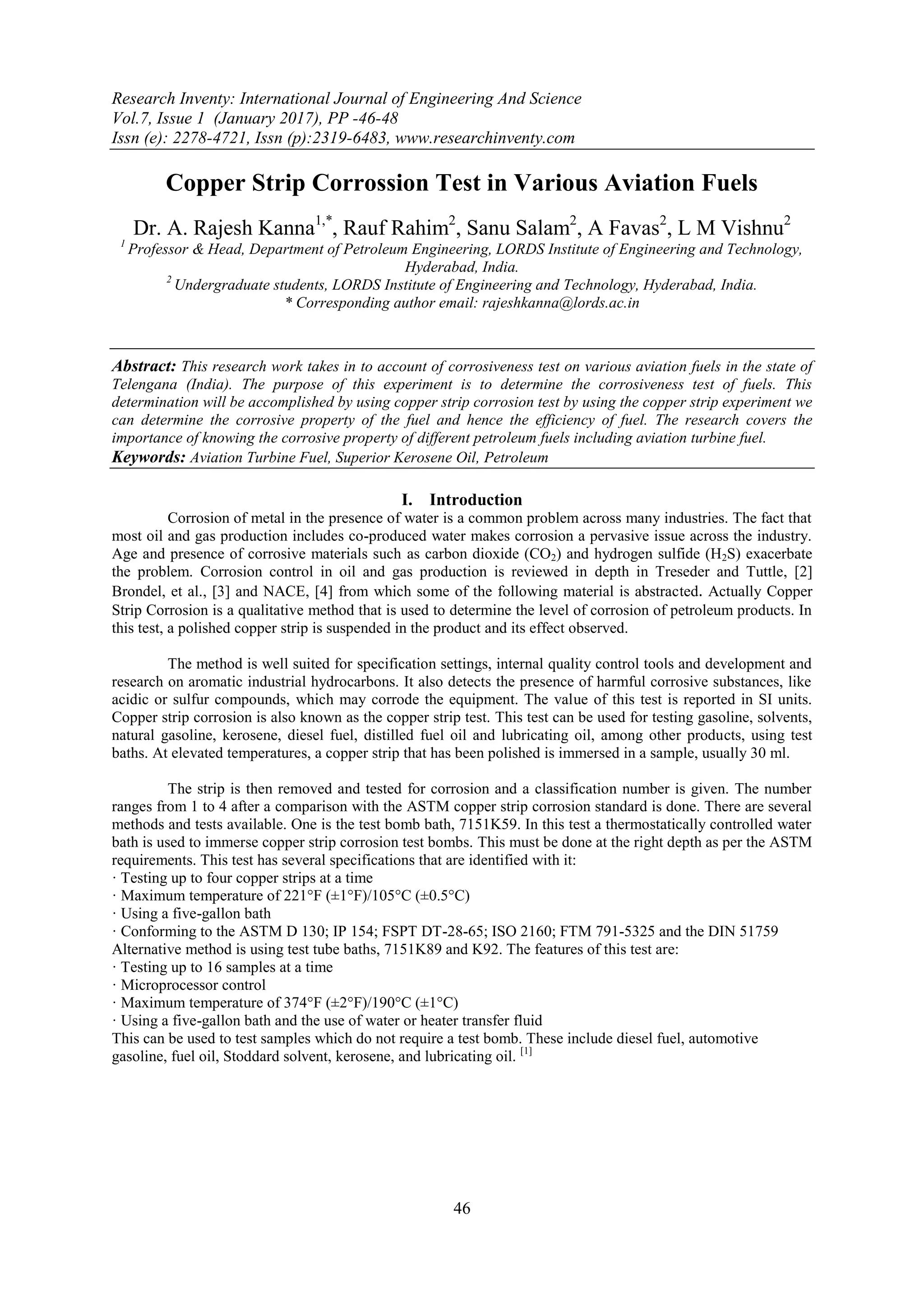 Copper Strip Corrossion Test in Various Aviation Fuels | PDF