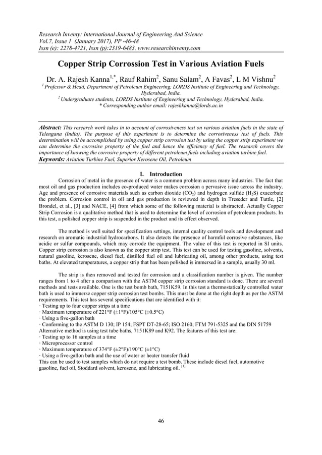 Copper Strip Corrossion Test in Various Aviation Fuels | PDF ...