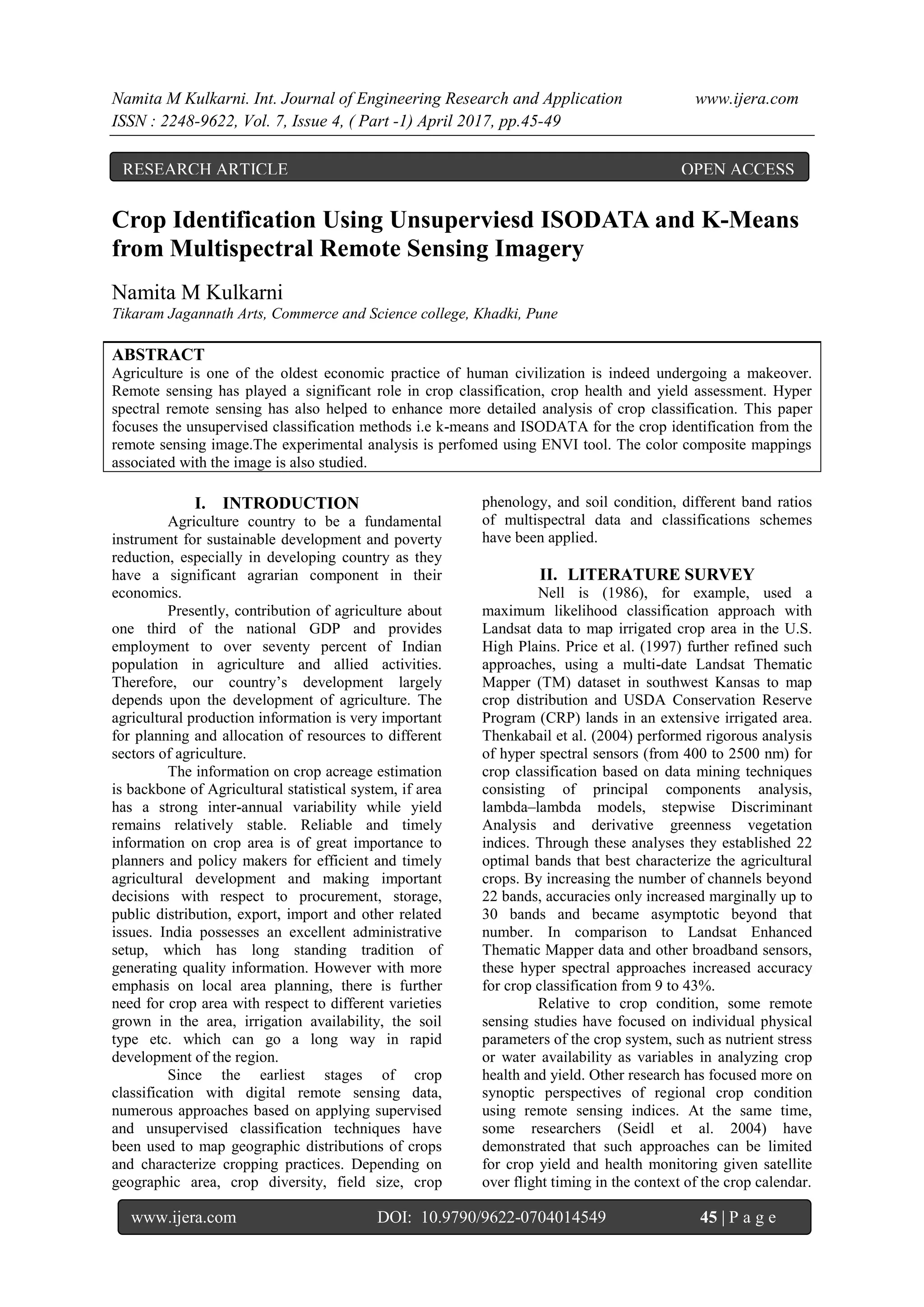Crop Identification Using Unsuperviesd ISODATA and K-Means from Multispectral Remote Sensing ...