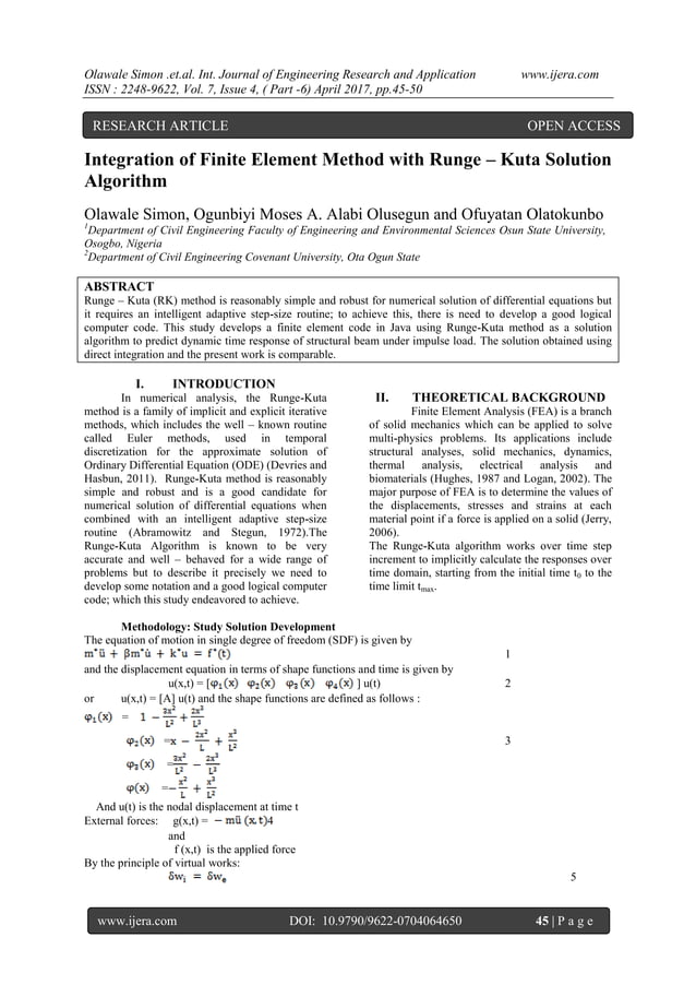 Integration Of Finite Element Method With Runge Kuta Solution Algorithm Pdf