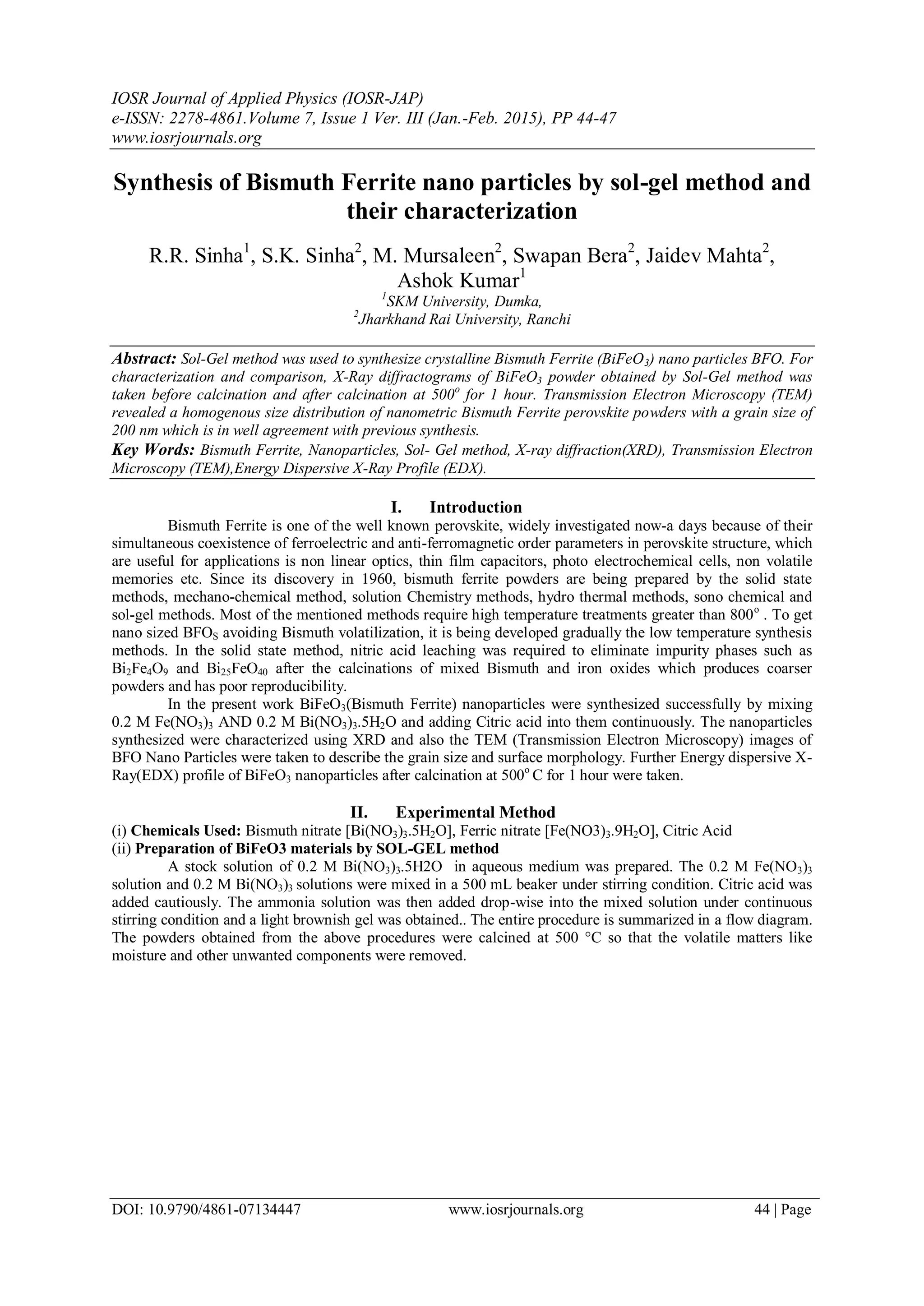 Synthesis of Bismuth Ferrite nano particles by sol-gel method and their characterization | PDF ...