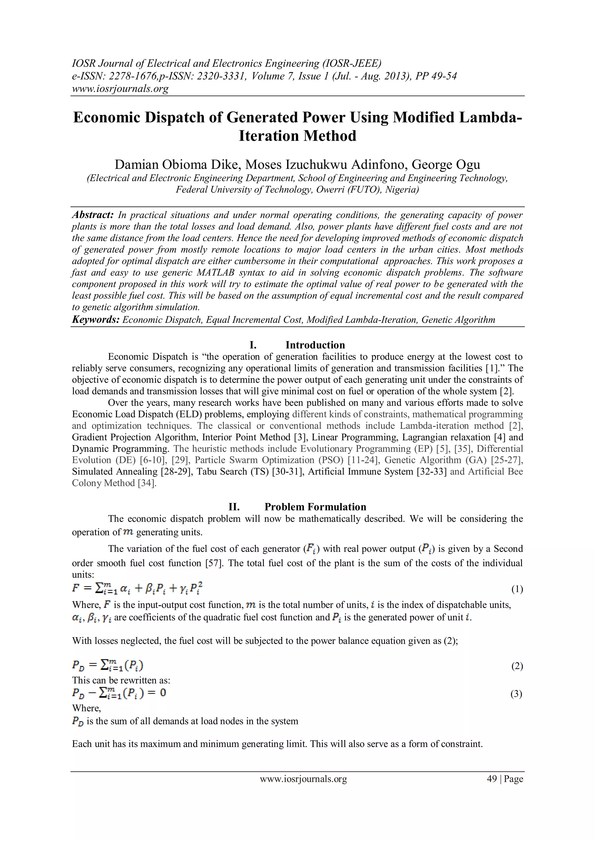 Economic Dispatch of Generated Power Using Modified Lambda-Iteration Method | PDF | Computer ...