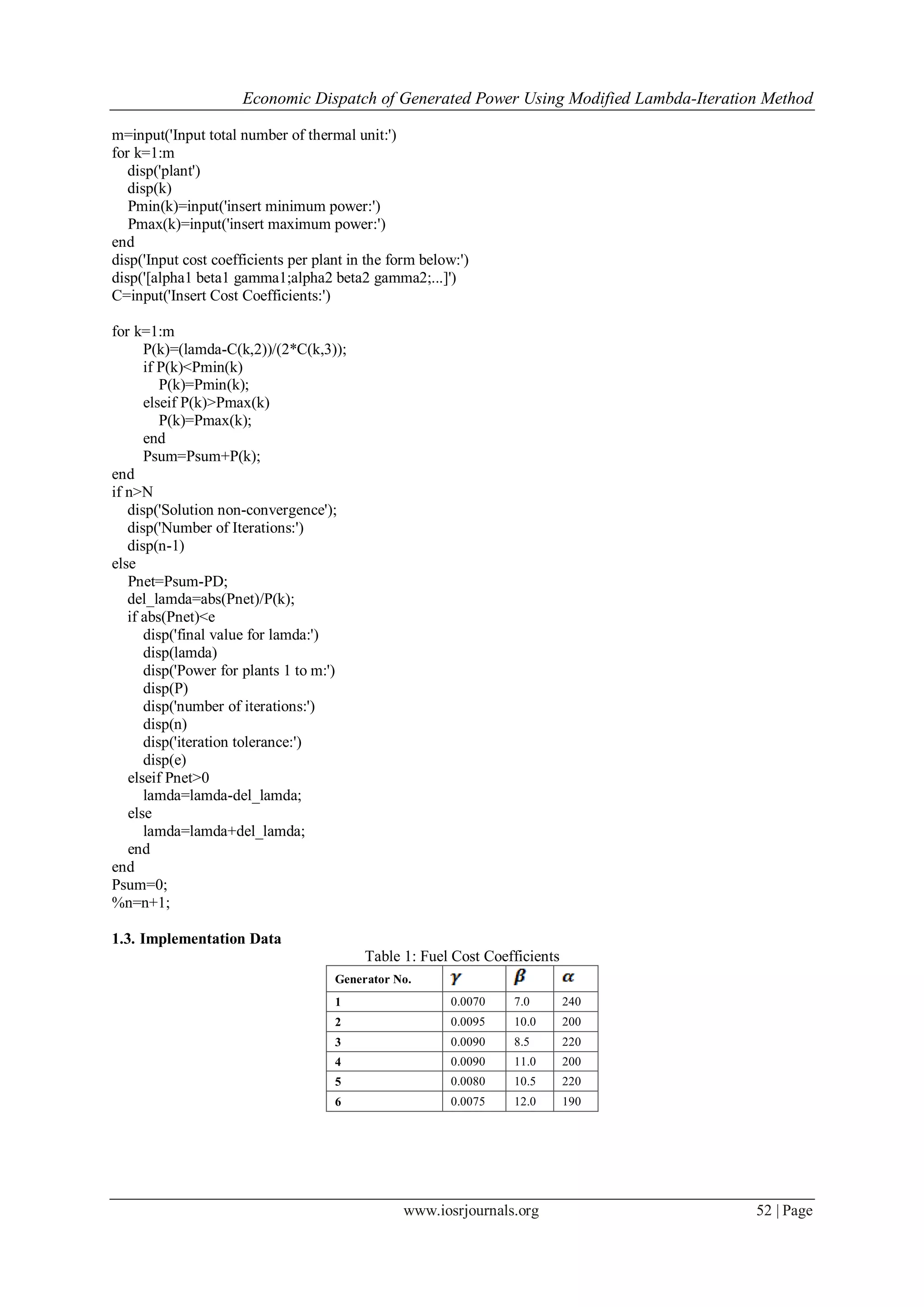 Economic Dispatch of Generated Power Using Modified Lambda-Iteration Method | PDF