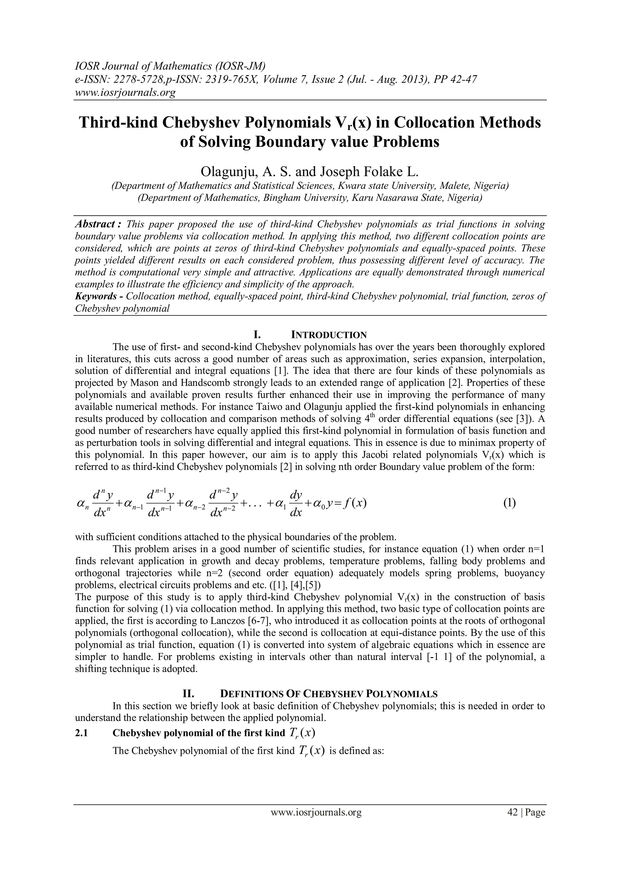 Third-kind Chebyshev Polynomials Vr(x) in Collocation Methods of ...