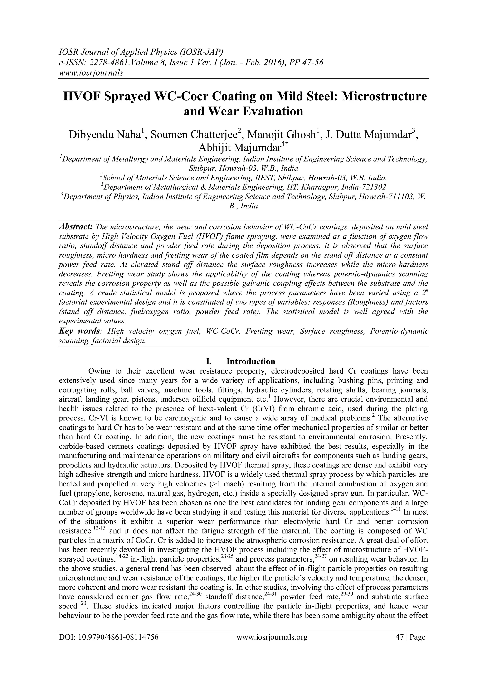 HVOF Sprayed WC-Cocr Coating on Mild Steel: Microstructure and Wear ...