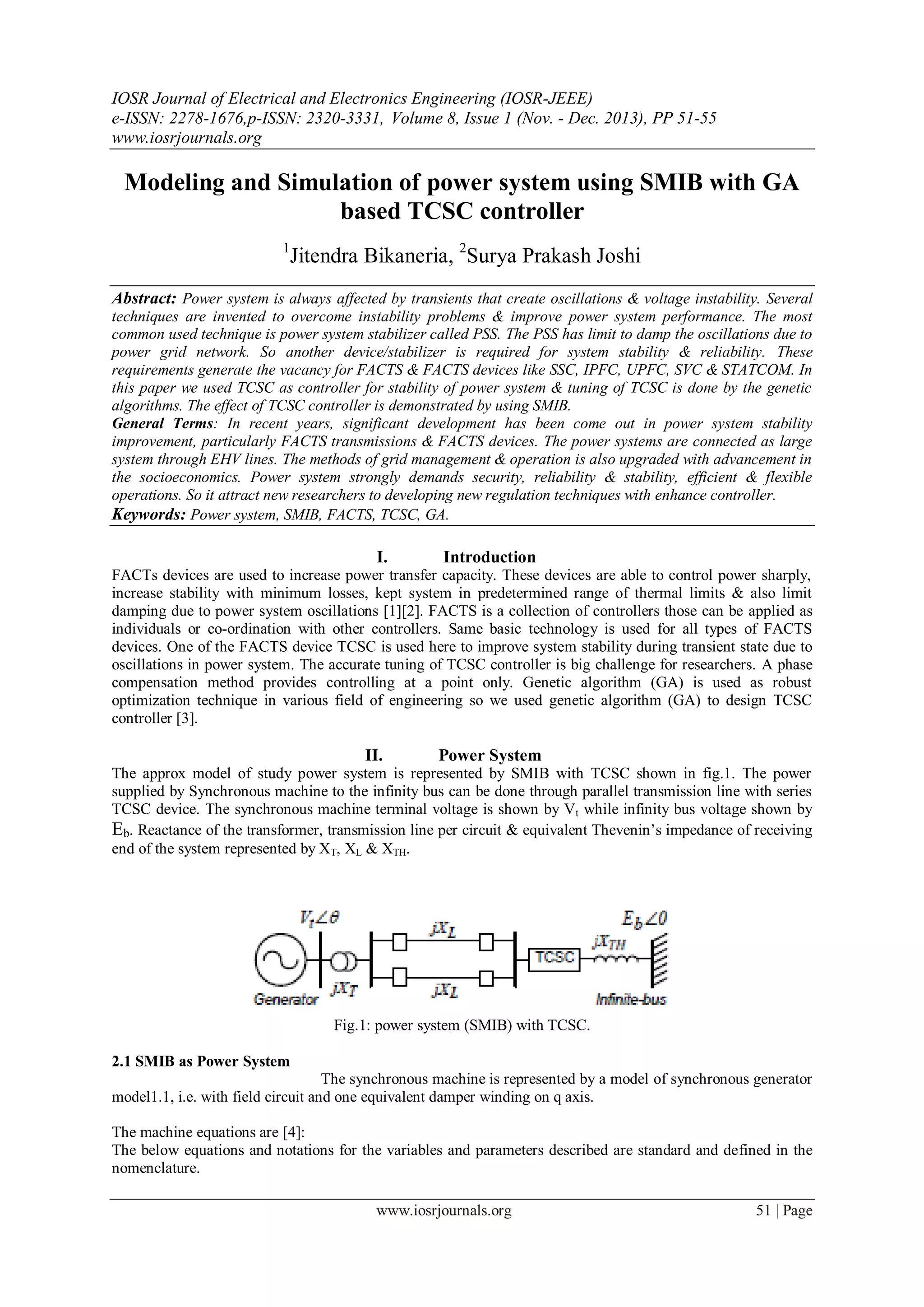 Modeling and Simulation of power system using SMIB with GA based TCSC controller | PDF