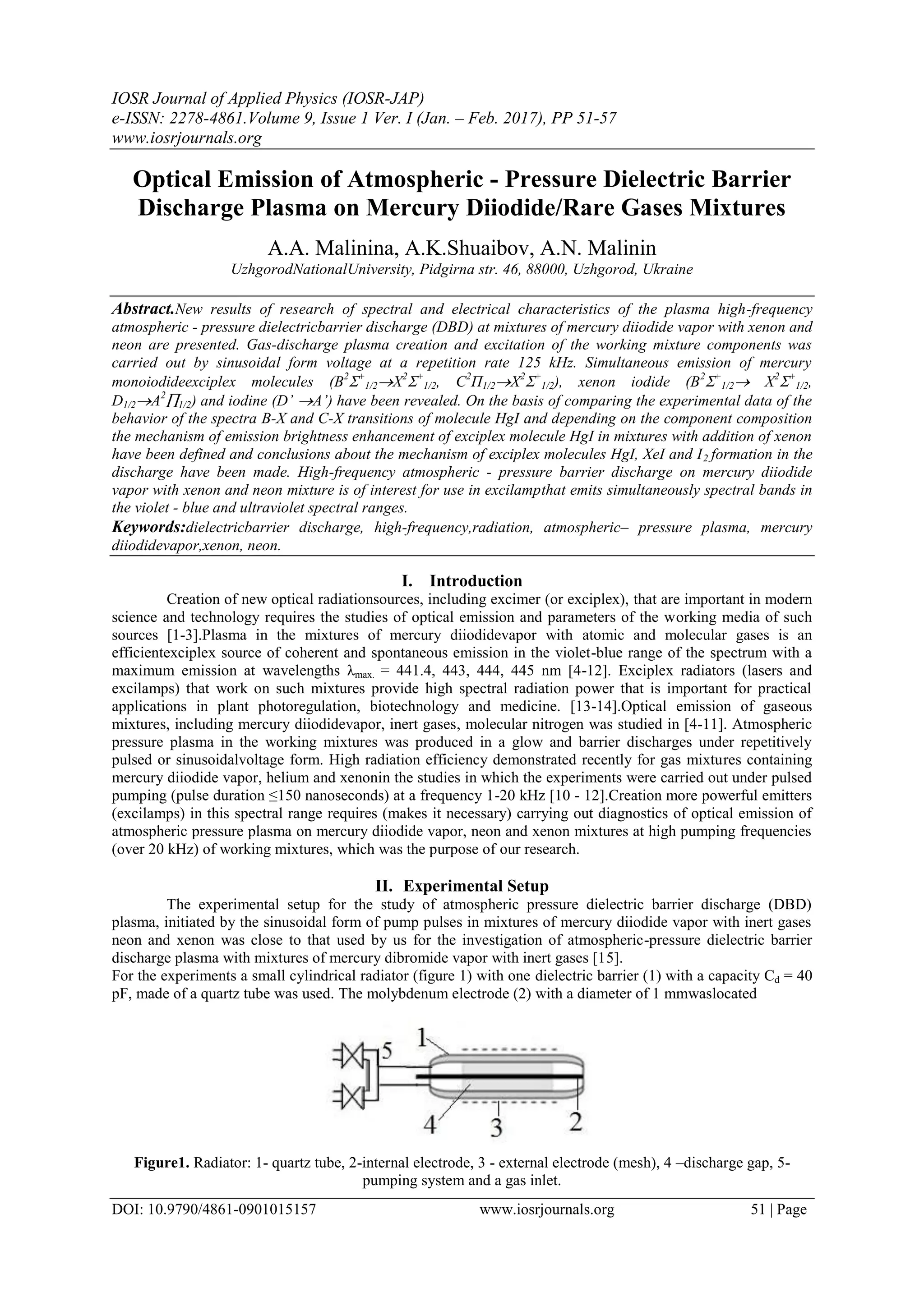 Optical Emission of Atmospheric - Pressure Dielectric Barrier Discharge ...