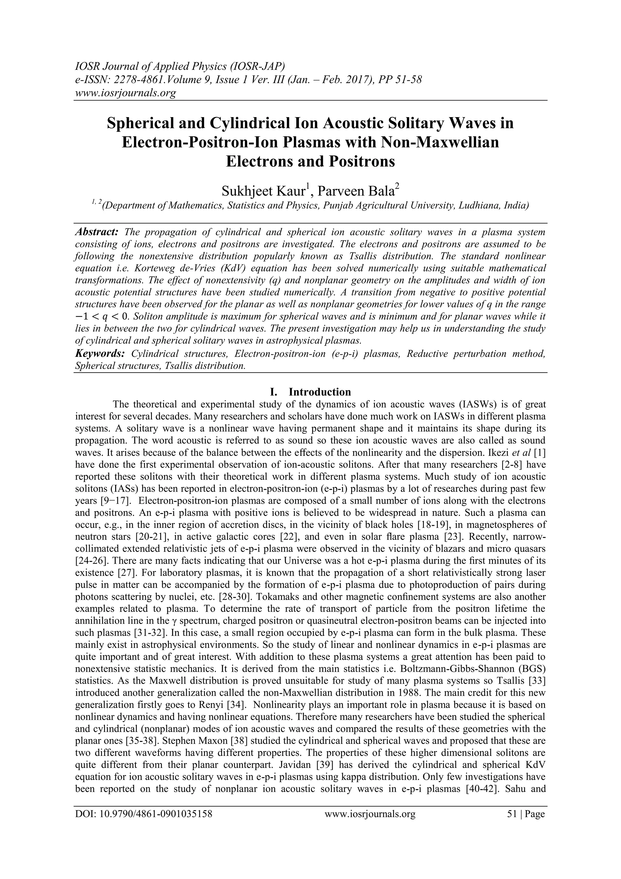 Spherical and Cylindrical Ion Acoustic Solitary Waves in Electron-Positron-Ion Plasmas with Non ...