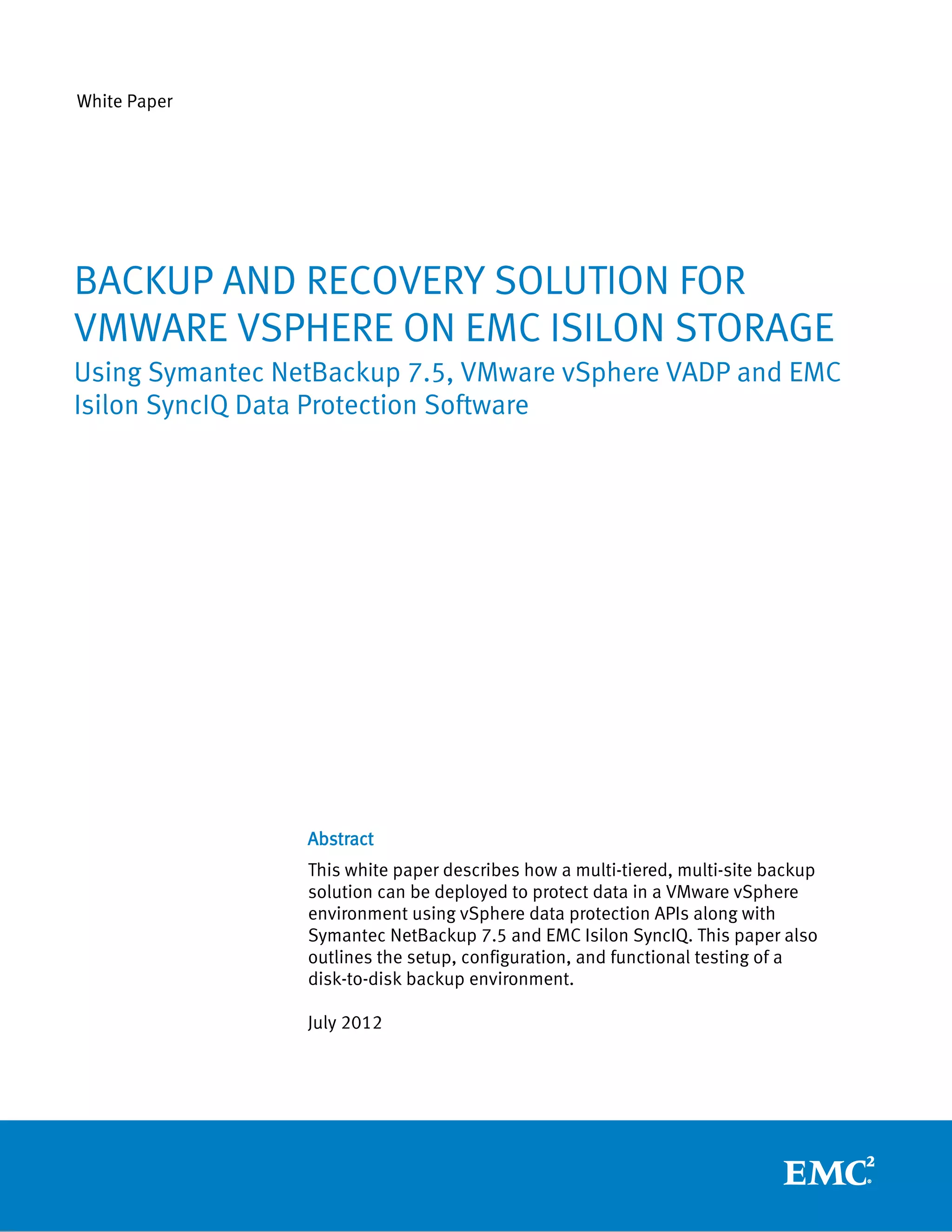 Backup and Recovery Solution for VMware vSphere on EMC Isilon Storage | PDF