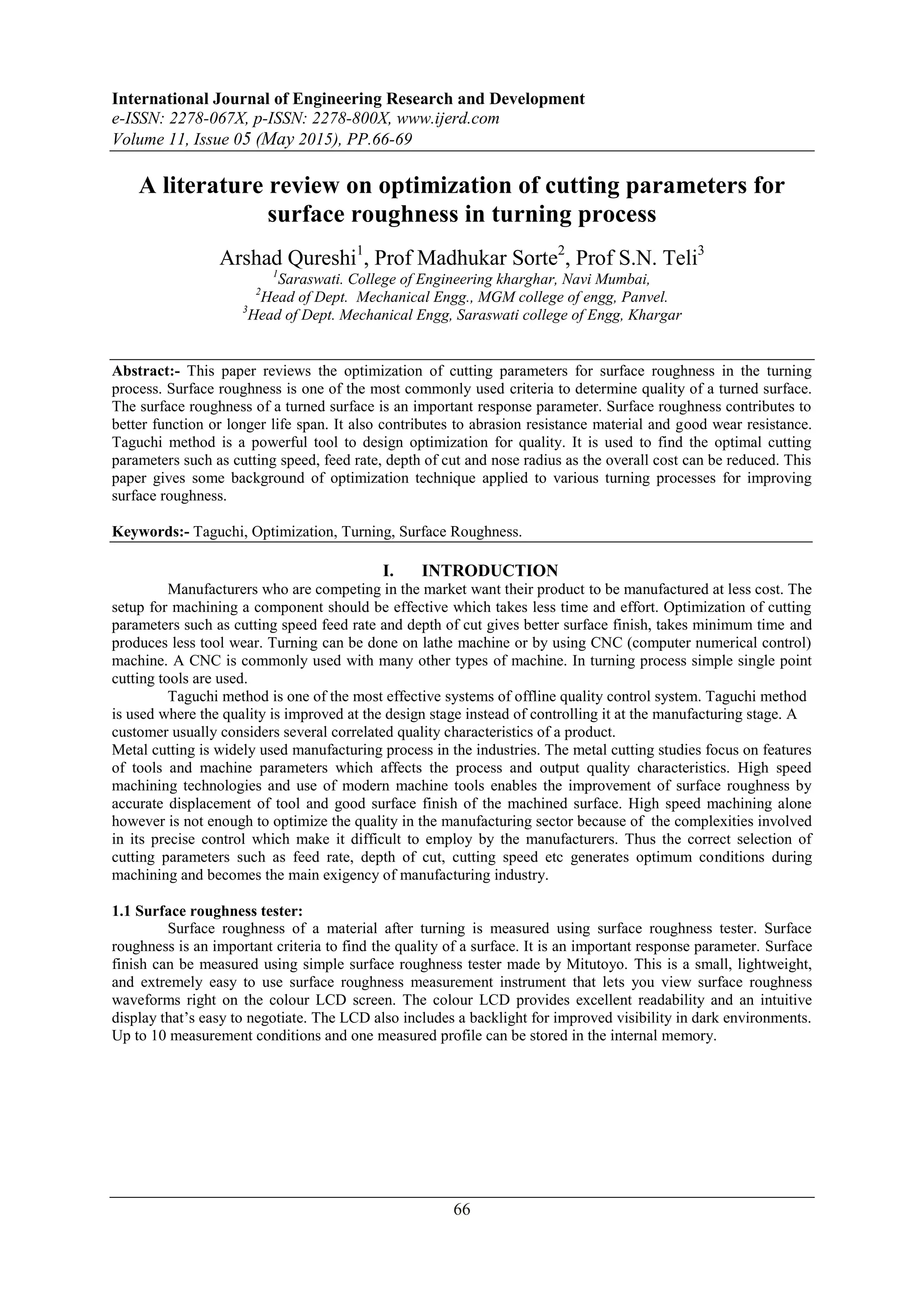 A Literature Review On Optimization Of Cutting Parameters For Surface