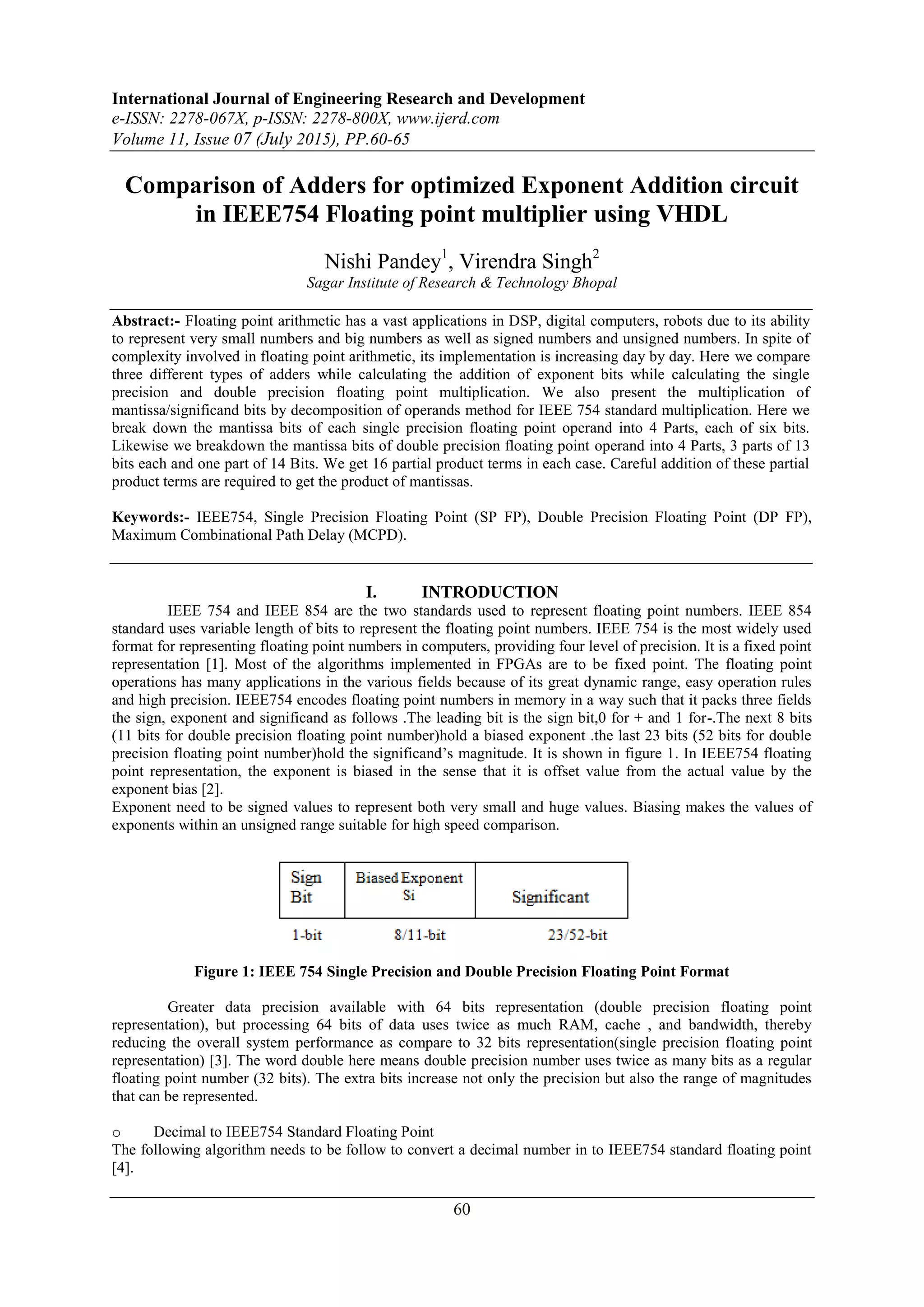Comparison Of Adders For Optimized Exponent Addition Circuit In Ieee754 Floating Point