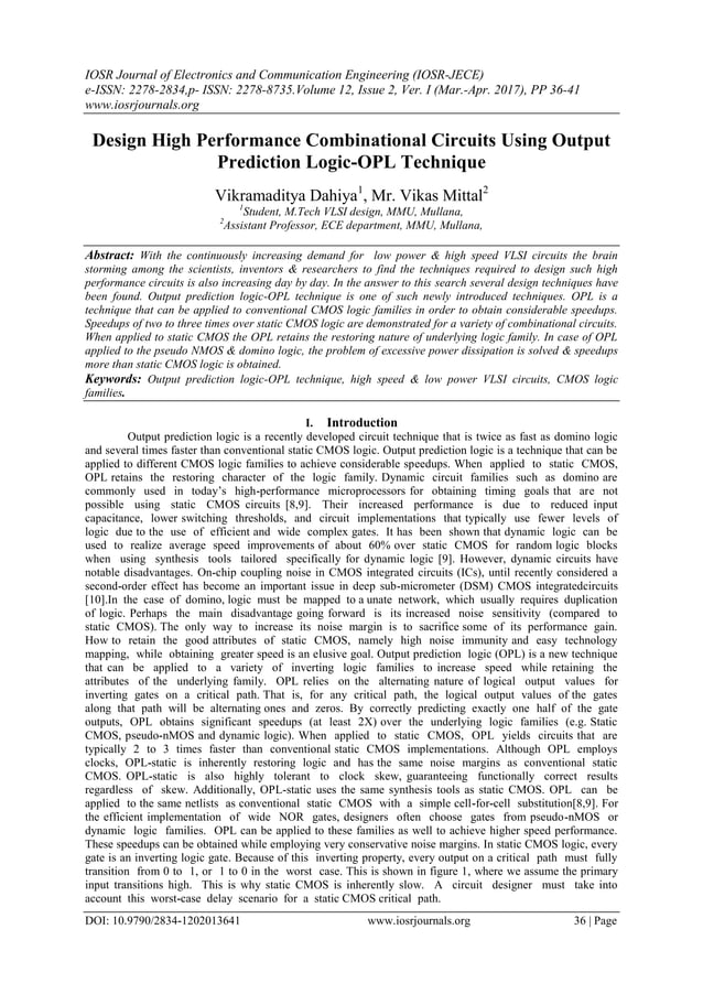 Design High Performance Combinational Circuits Using Output Prediction Logic Opl Technique Pdf