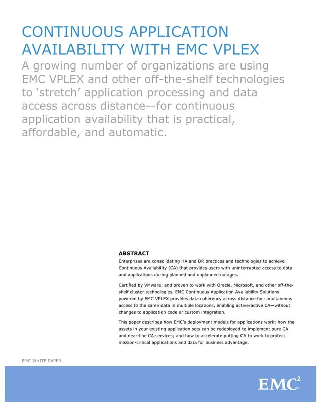 CONTINUOUS APPLICATION AVAILABILITY WITH EMC VPLEX | PDF