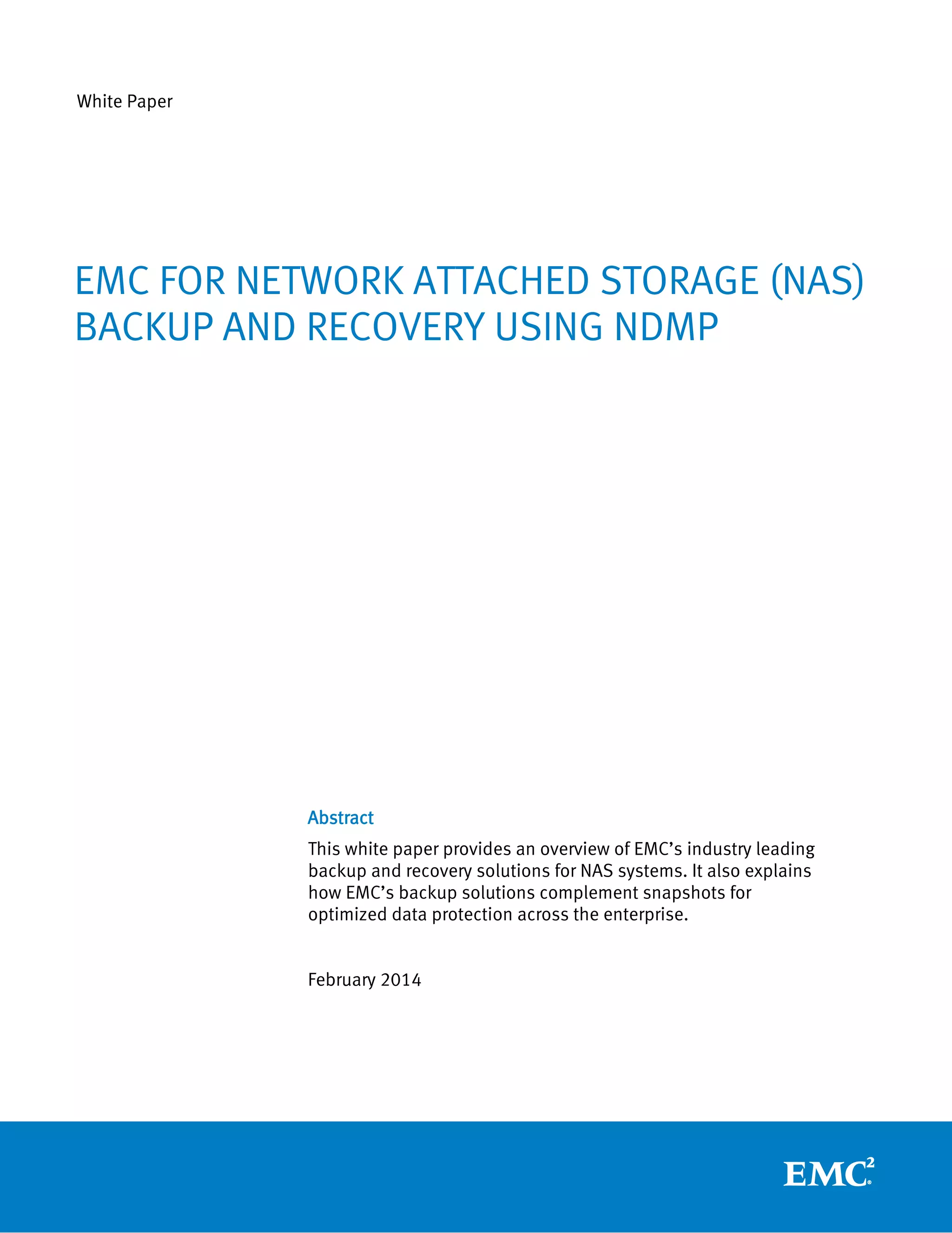 EMC for Network Attached Storage (NAS) Backup and Recovery Using NDMP | PDF