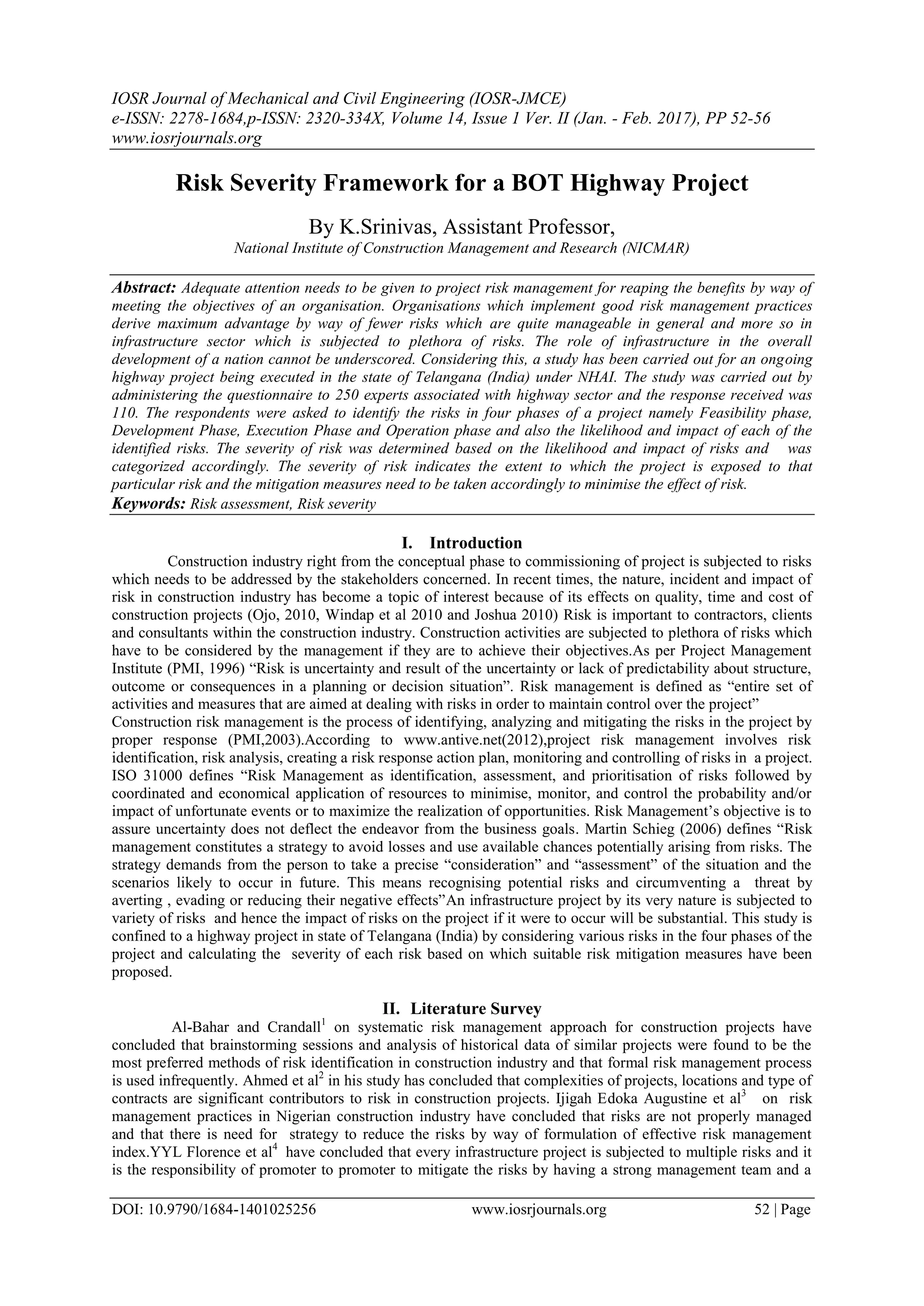 Risk Severity Framework for a BOT Highway Project | PDF