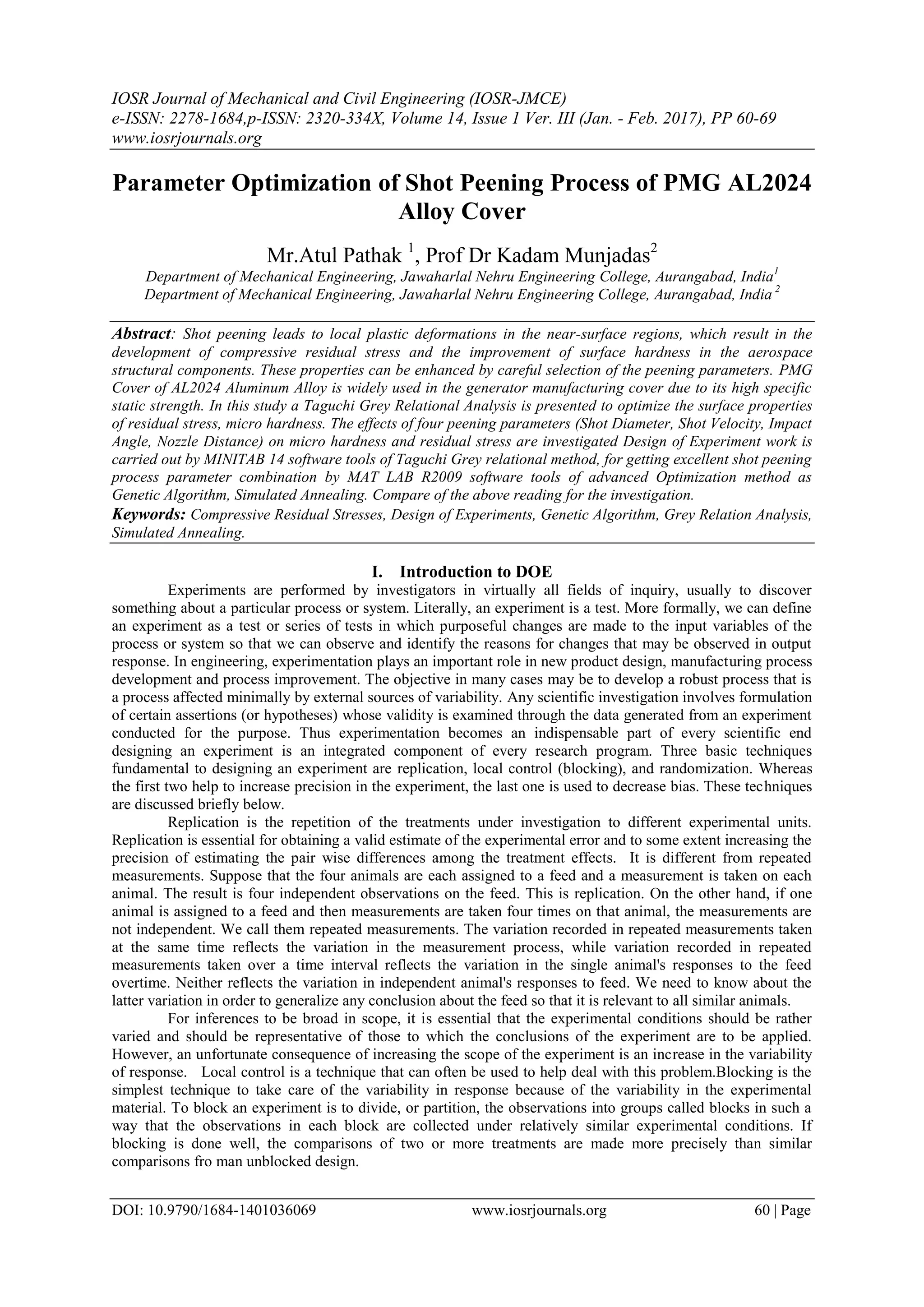 Parameter Optimization of Shot Peening Process of PMG AL2024 Alloy Cover | PDF