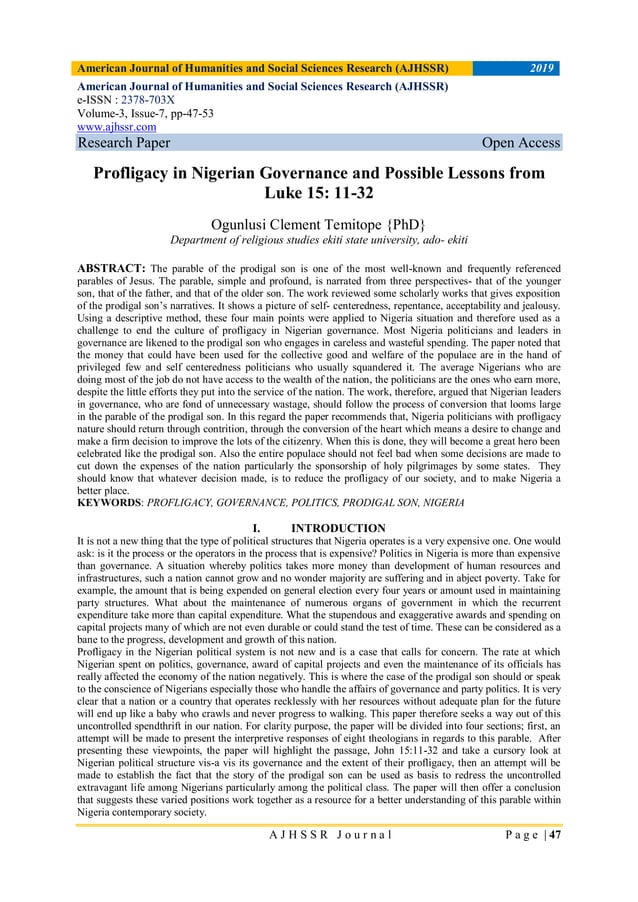 Profligacy in Nigerian Governance and Possible Lessons from Luke 15: 11 ...