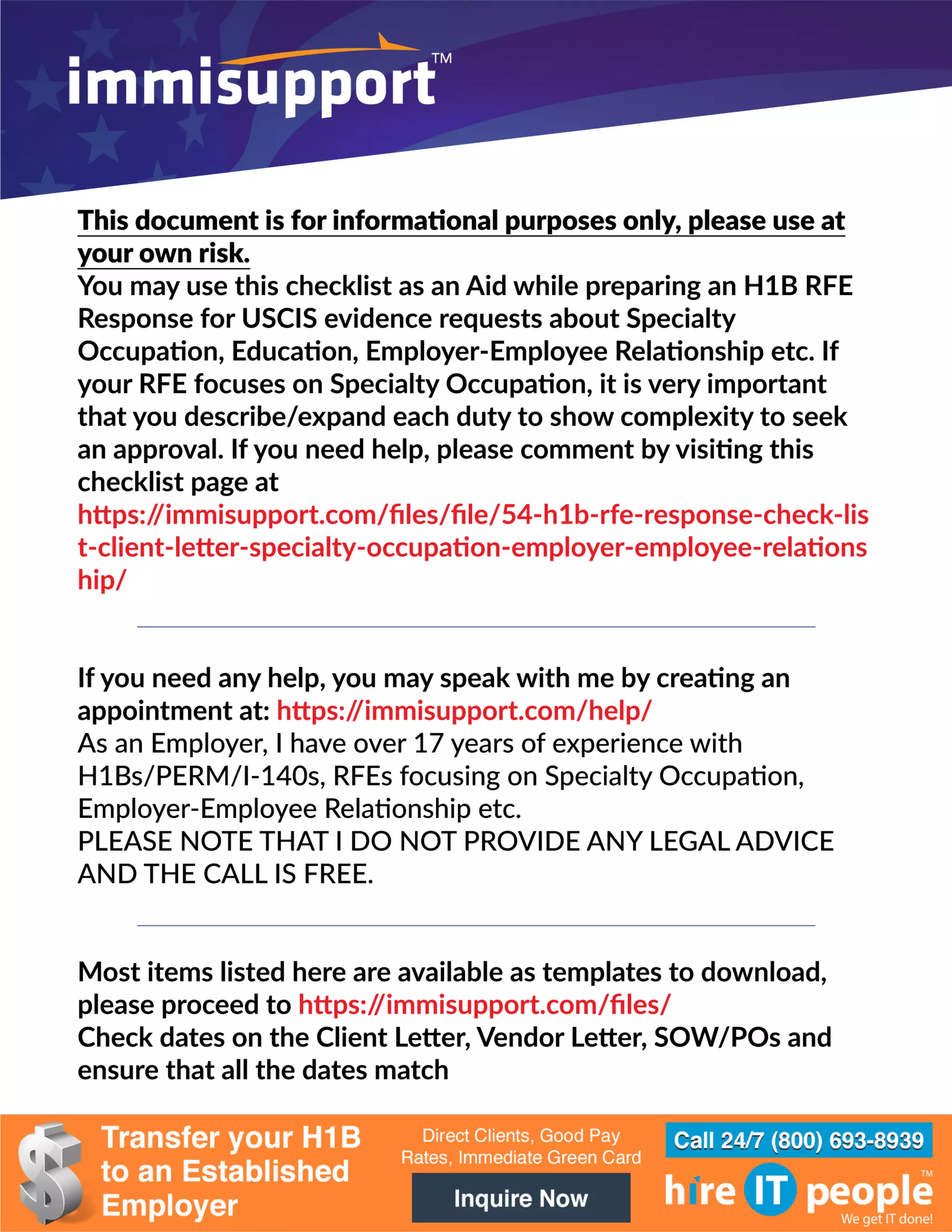 H1B Visa RFE Response Checklist | PDF