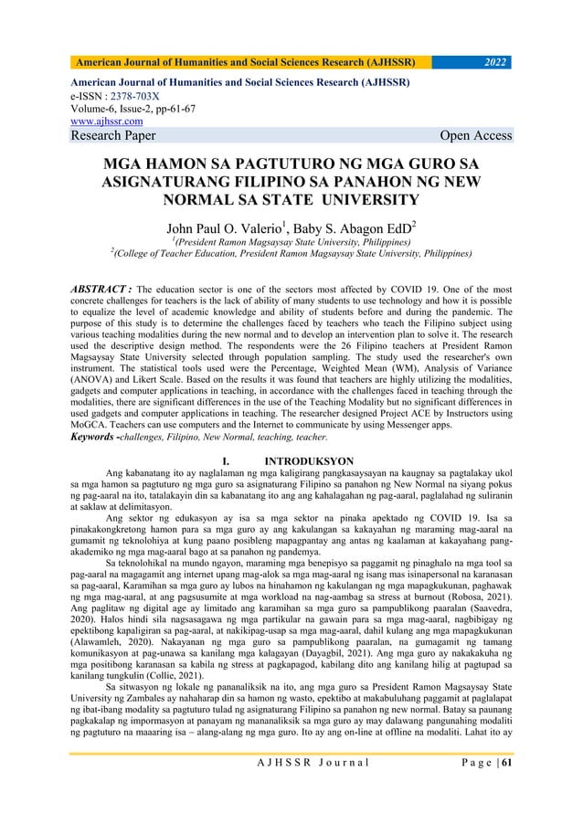 MGA HAMON SA PAGTUTURO NG MGA GURO SA ASIGNATURANG FILIPINO SA PANAHON NG NEW NORMAL SA STATE ...