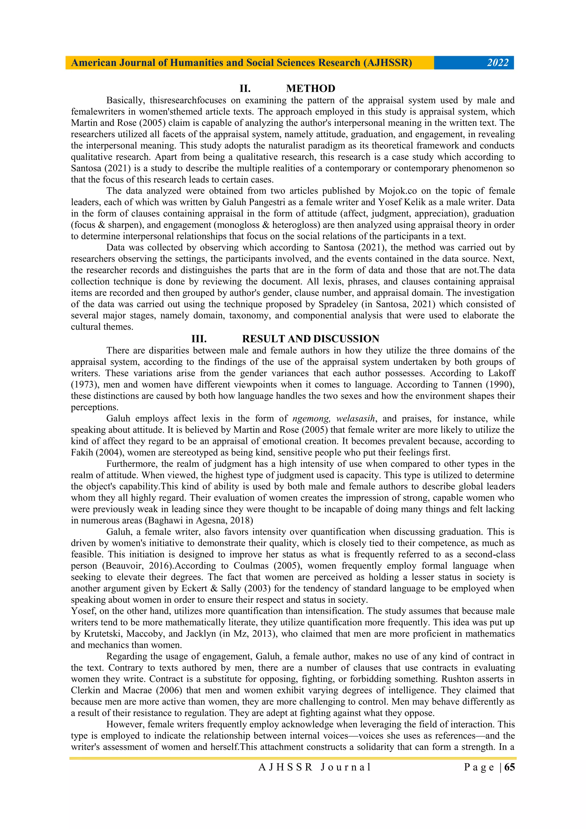 Appraisal System Used by Man and Woman Writer in The Article Published ...