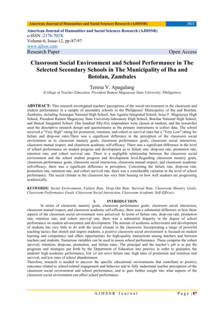 Classroom Social Environment and School Performance in The Selected ...