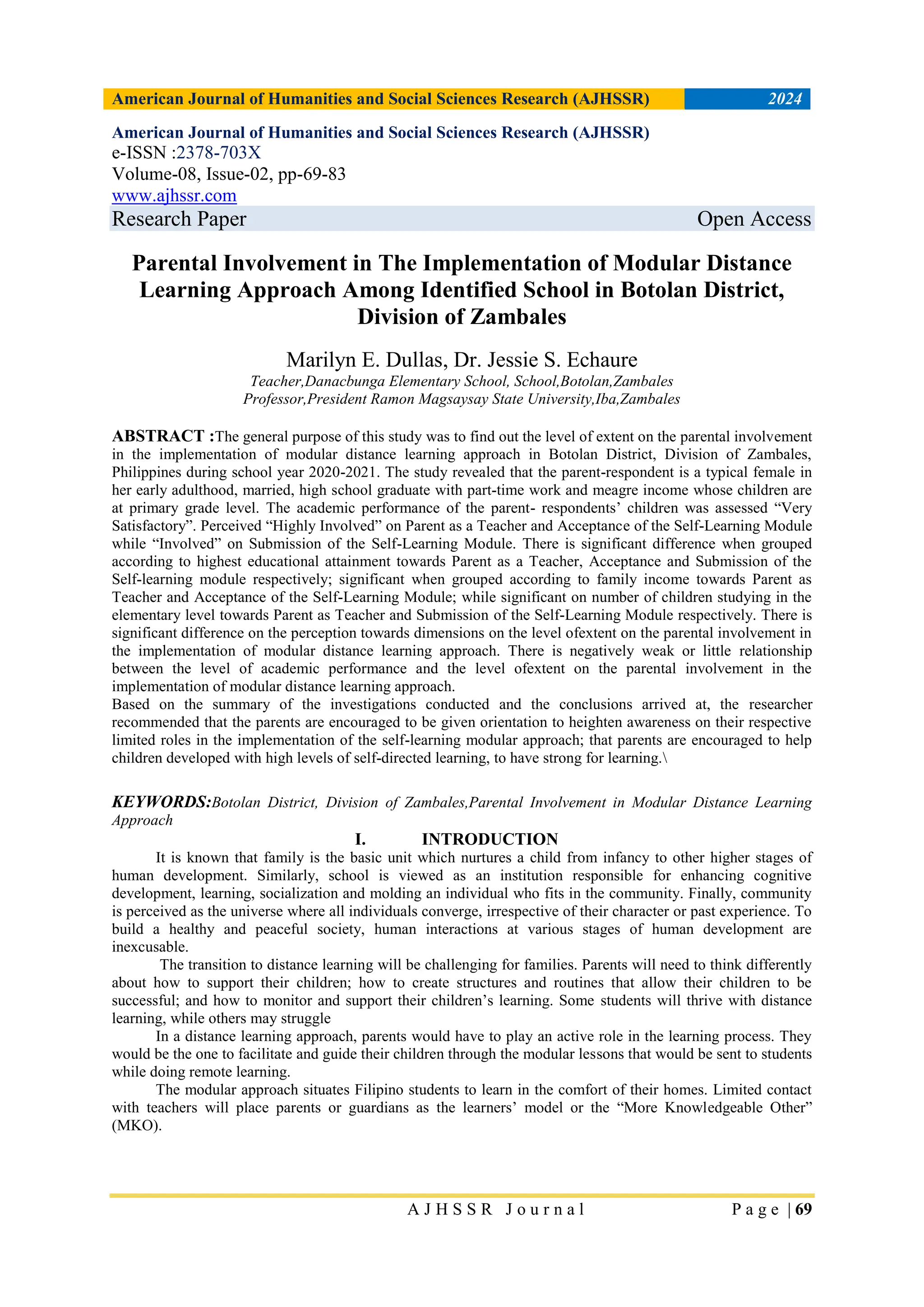 Parental Involvement in The Implementation of Modular Distance Learning ...