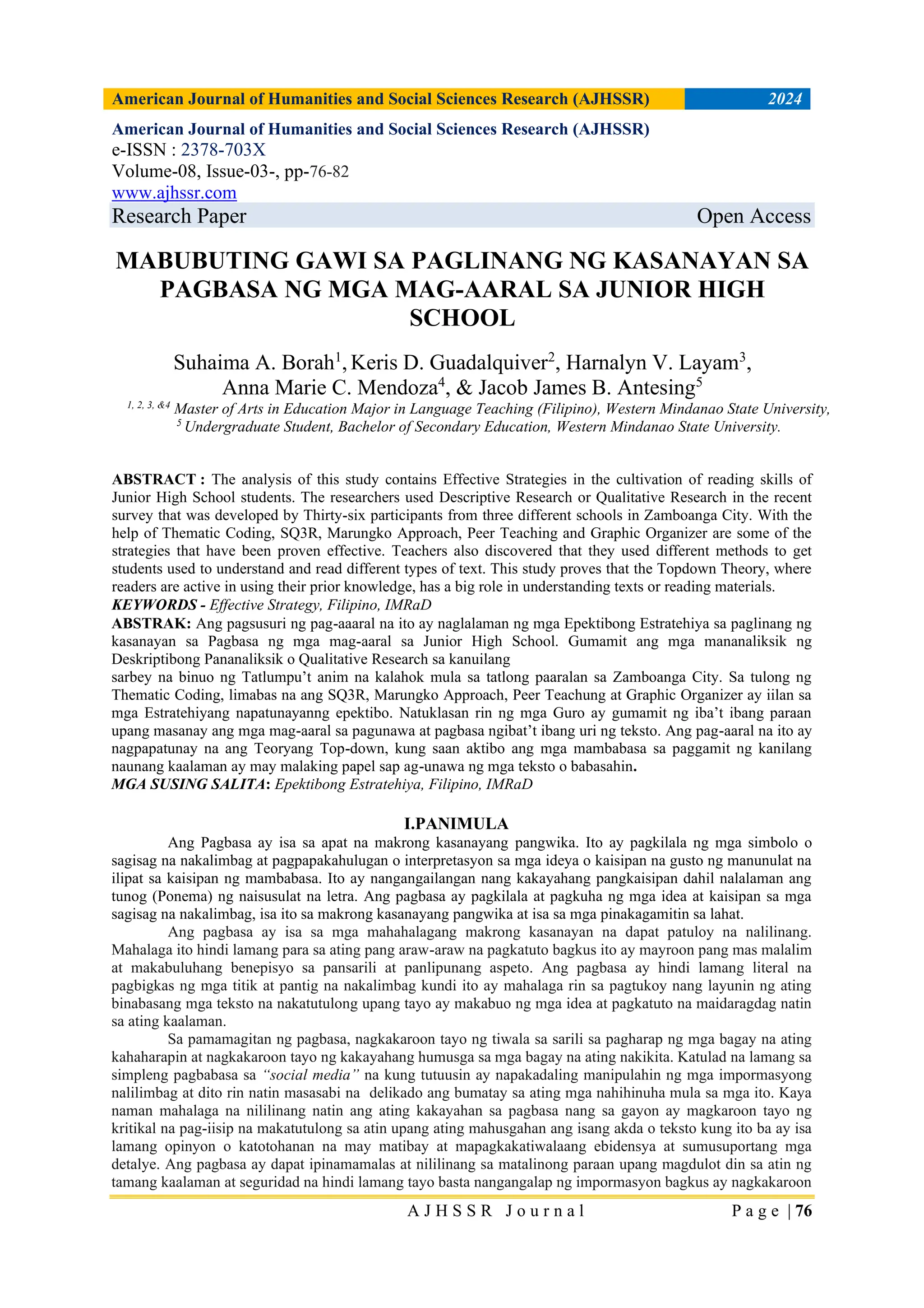 MABUBUTING GAWI SA PAGLINANG NG KASANAYAN SA PAGBASA NG MGA MAG-AARAL SA JUNIOR HIGH SCHOOL | PDF