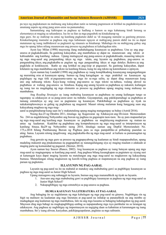 MABUBUTING GAWI SA PAGLINANG NG KASANAYAN SA PAGBASA NG MGA MAG-AARAL SA JUNIOR HIGH SCHOOL | PDF