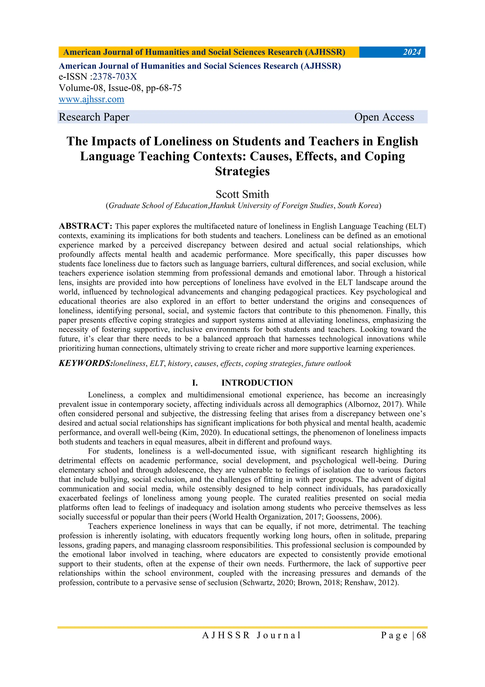 The Impacts of Loneliness on Students and Teachers in English Language ...