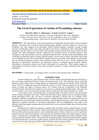 The Lived Experiences of victims of Pyramiding schemes | PDF