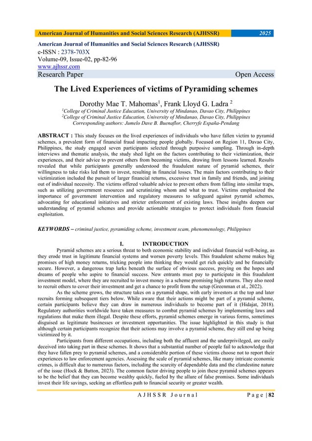 The Lived Experiences of victims of Pyramiding schemes | PDF