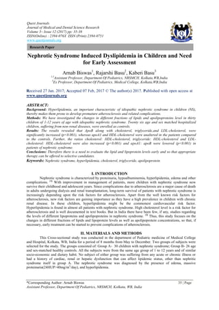 Nephrotic Syndrome Induced Dyslipidemia in Children and Need for Early Assessment | PDF