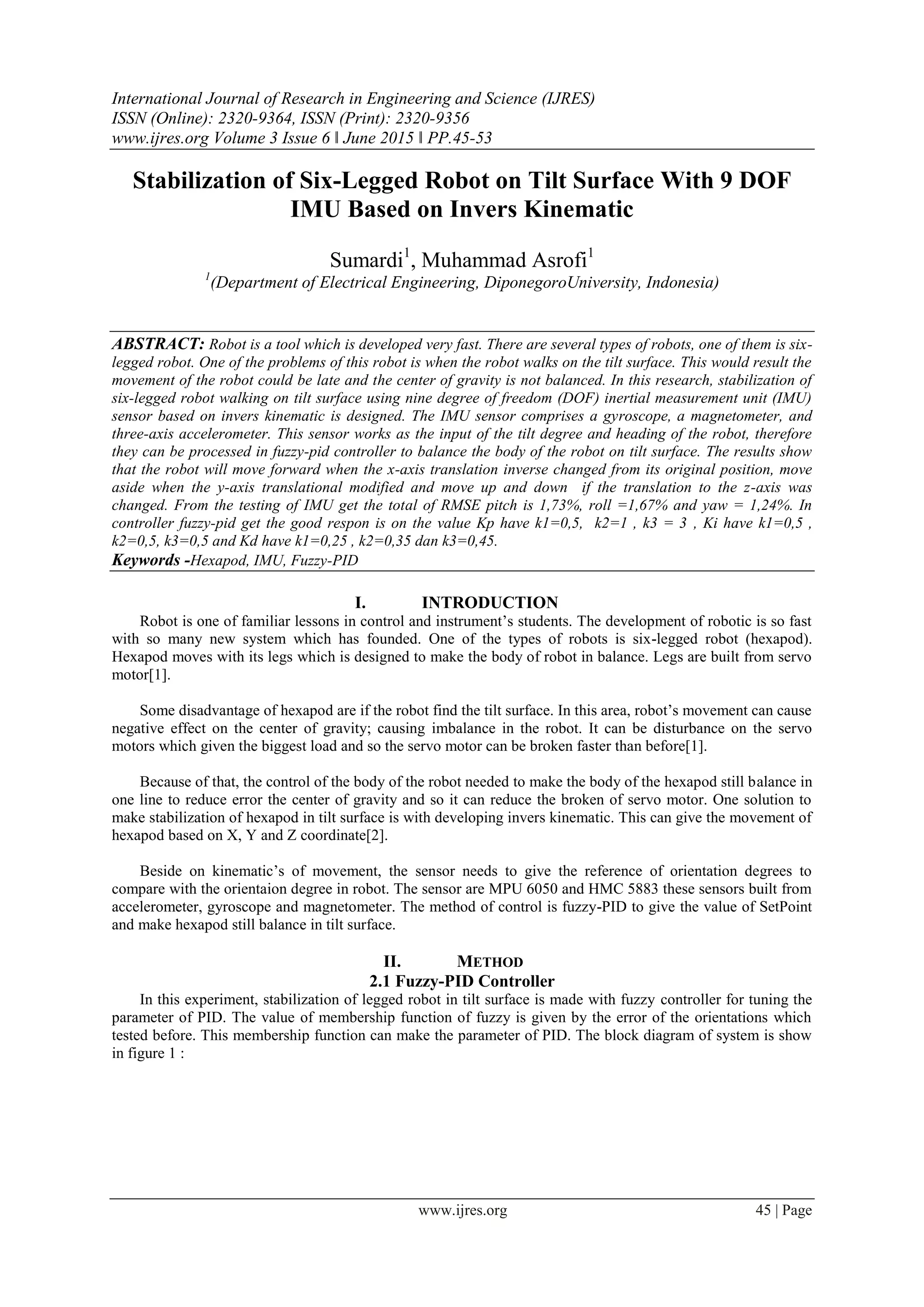 Stabilization of Six-Legged Robot on Tilt Surface With 9 DOF IMU Based on Invers Kinematic | PDF ...