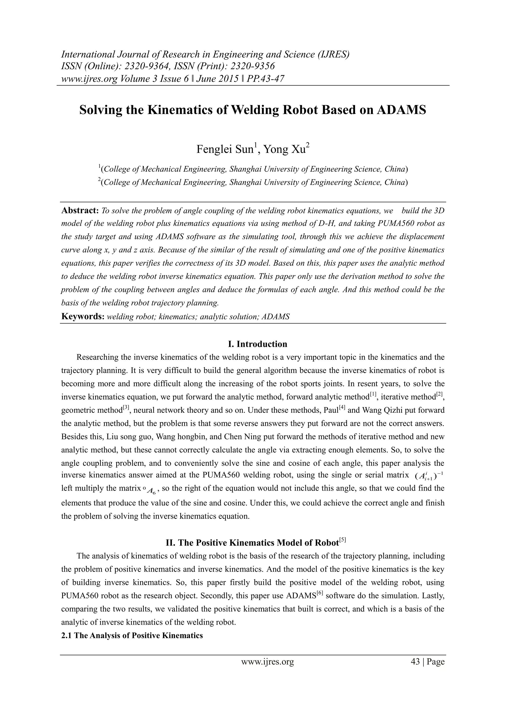 Solving the Kinematics of Welding Robot Based on ADAMS | PDF