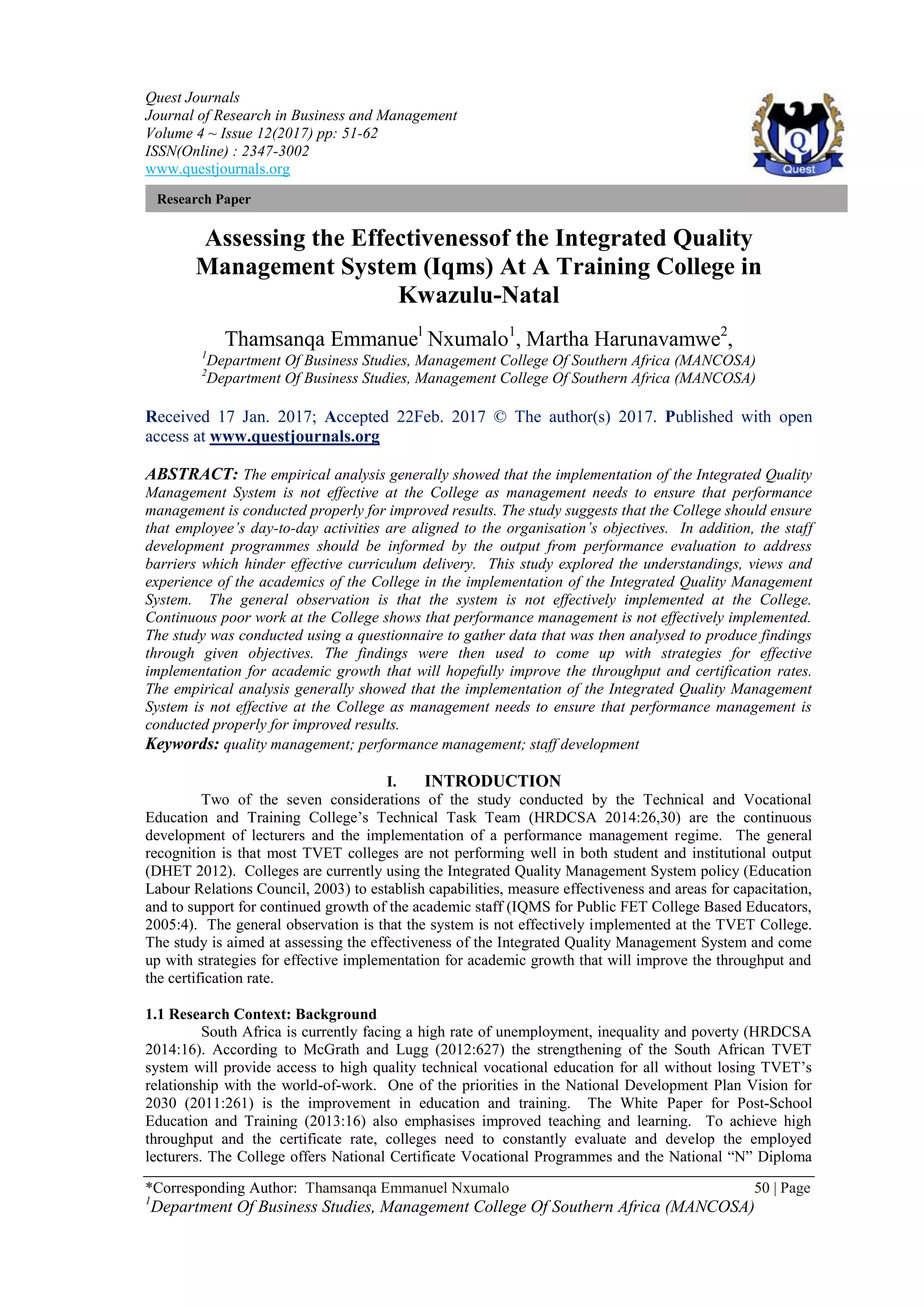 Assessing the Effectivenessof the Integrated Quality Management System ...