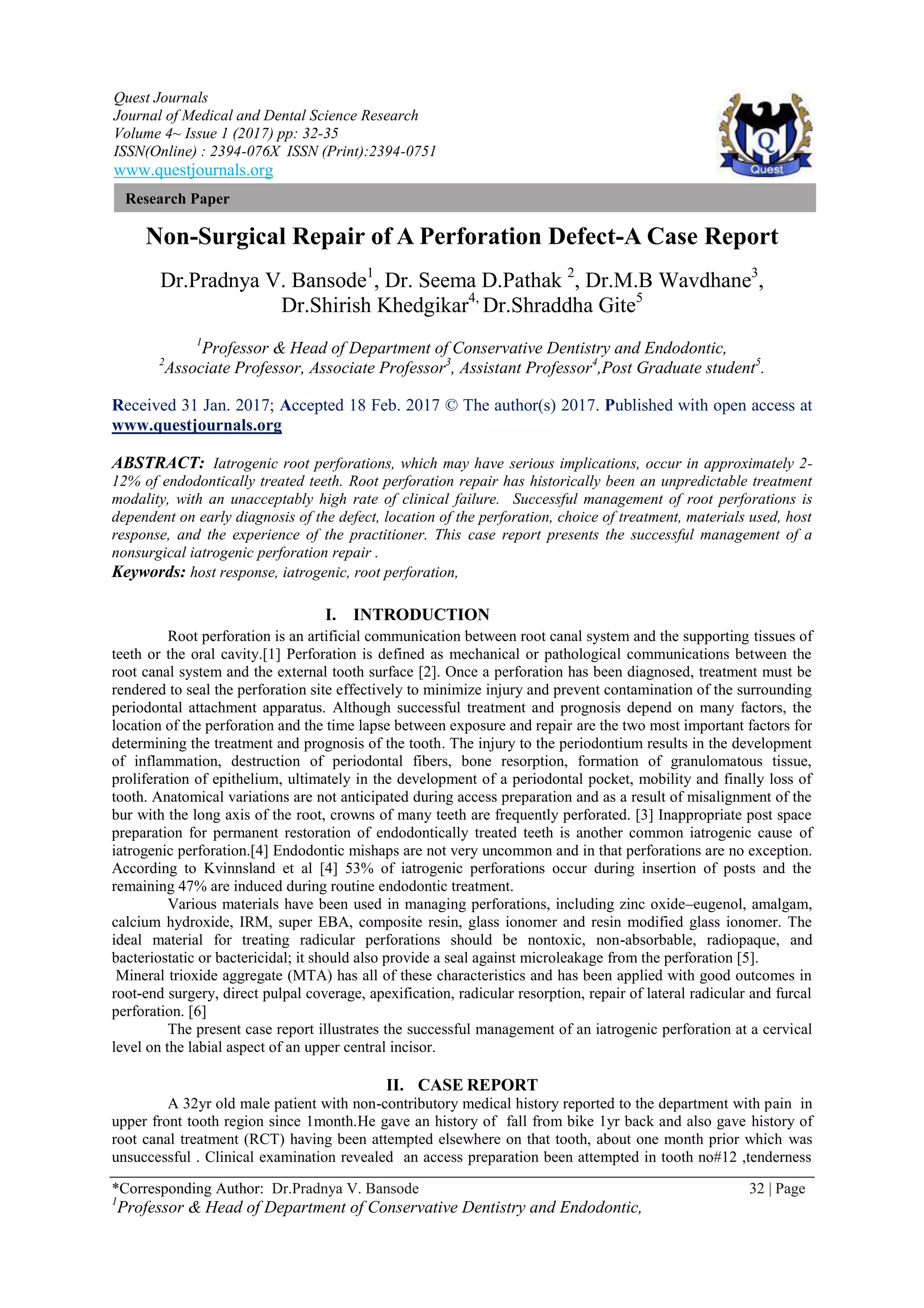 Non-Surgical Repair of A Perforation Defect-A Case Report | PDF ...