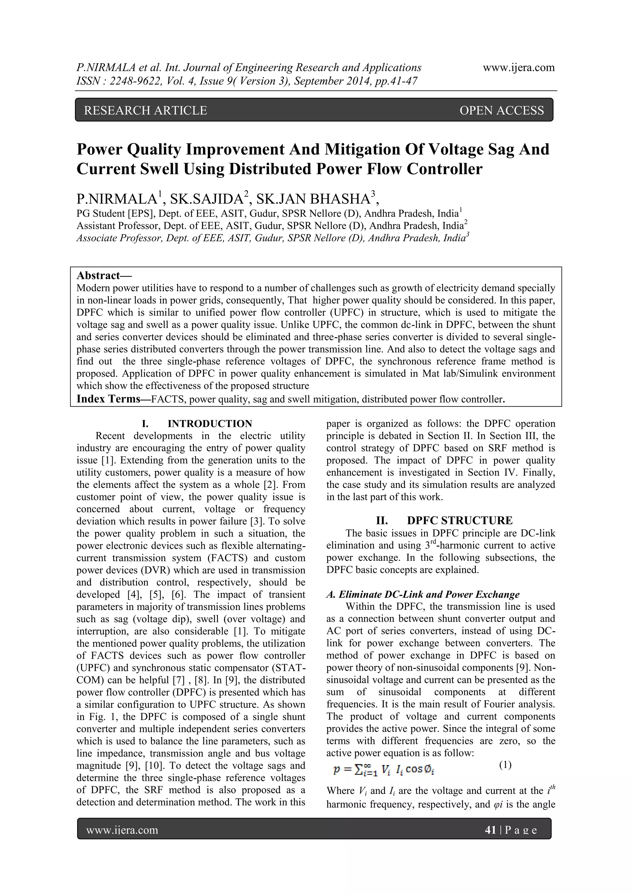 Power Quality Improvement And Mitigation Of Voltage Sag And Current Swell Using Distributed ...