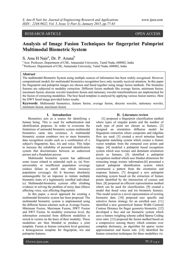Analysis of Image Fusion Techniques for fingerprint Palmprint Multimodal Biometric System | PDF