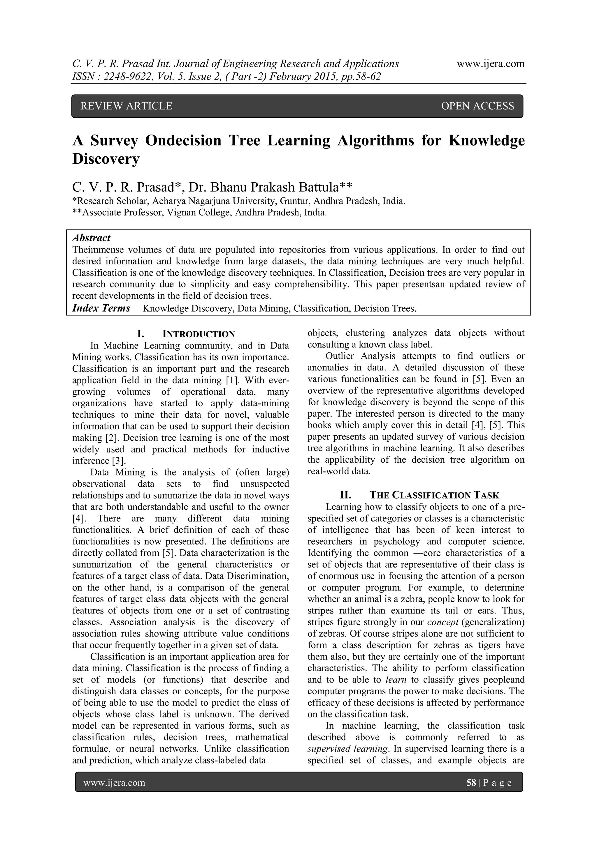 A Survey Ondecision Tree Learning Algorithms for Knowledge Discovery | PDF
