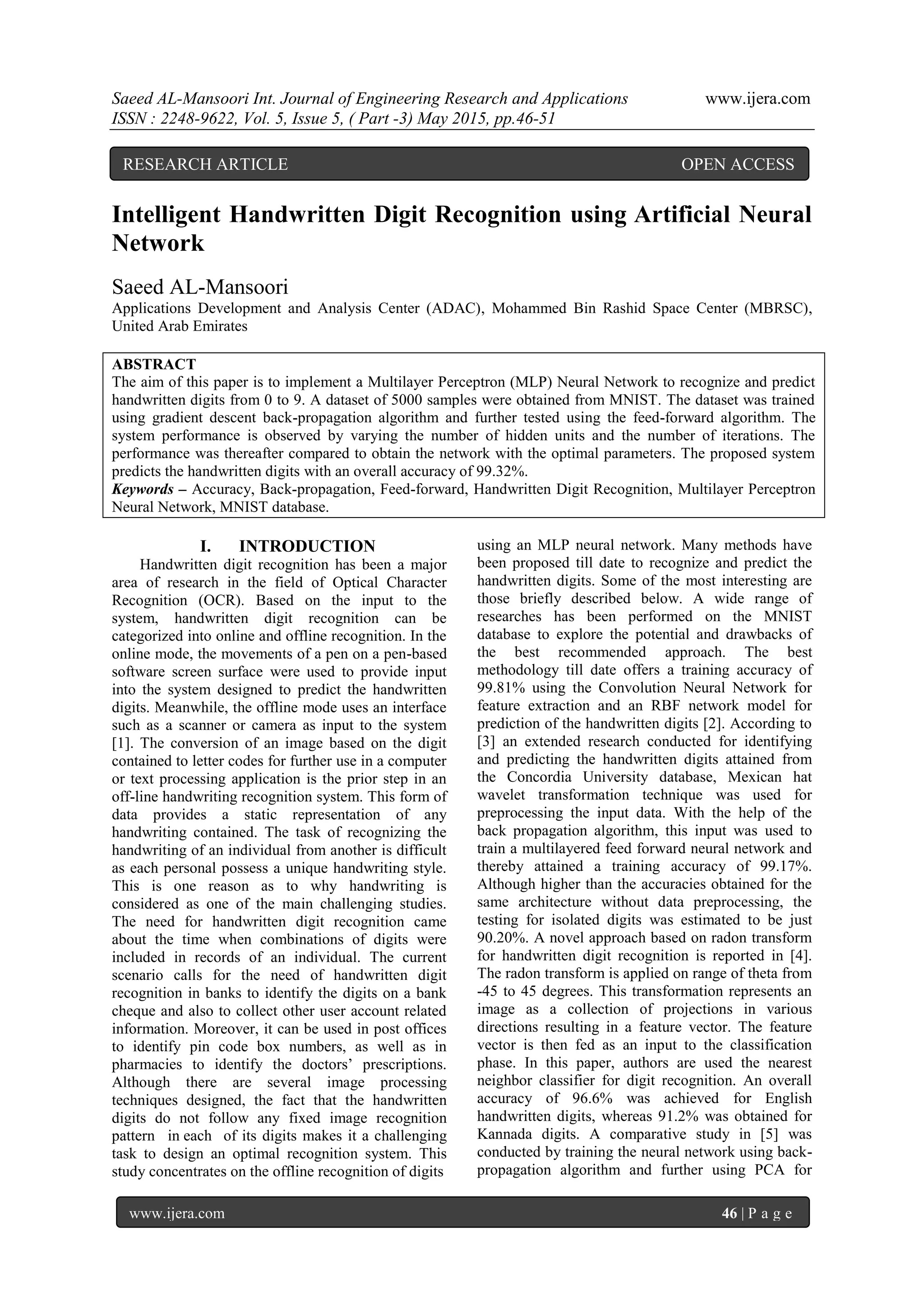 Intelligent Handwritten Digit Recognition Using Artificial Neural Network Pdf