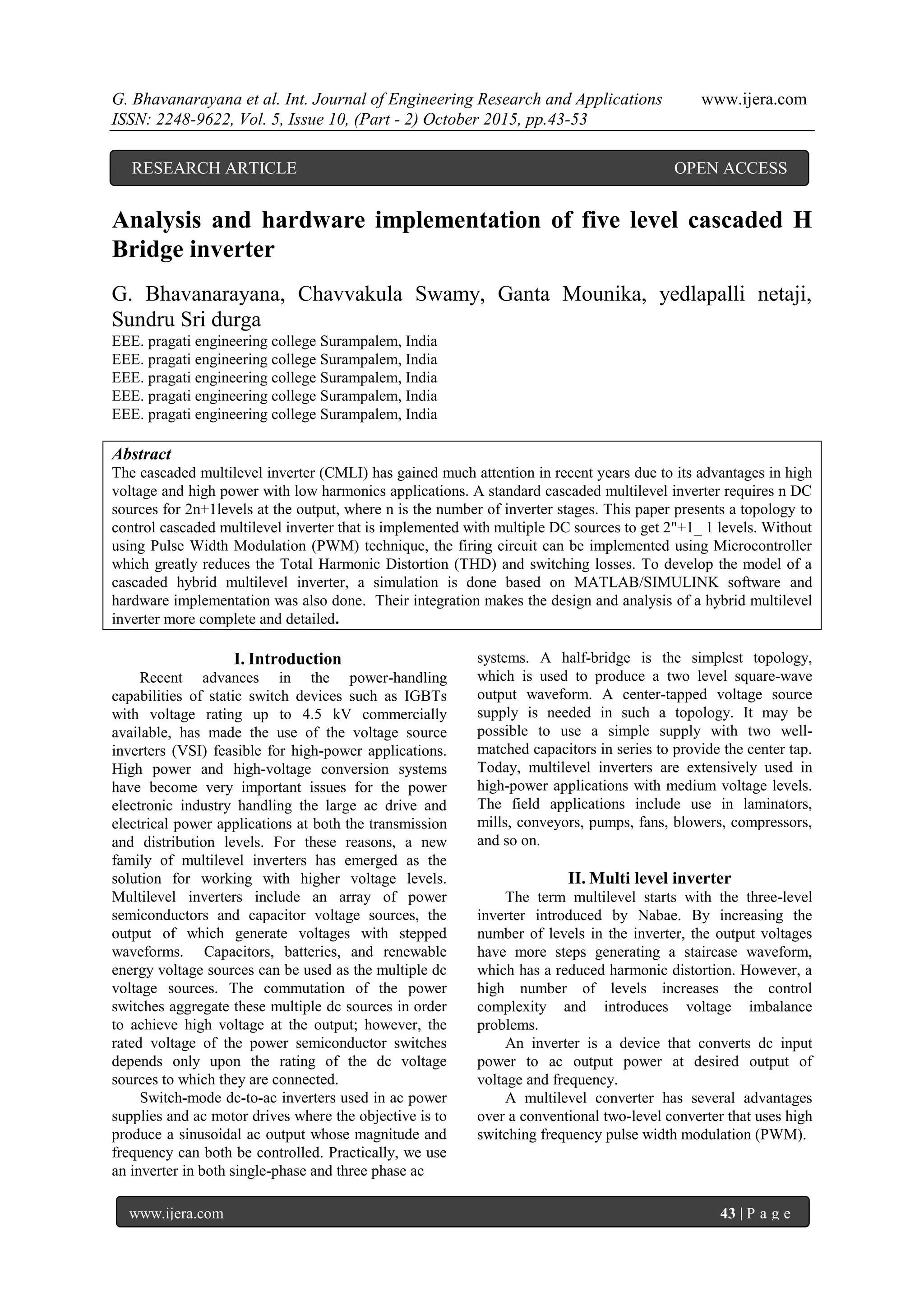 Analysis and hardware implementation of five level cascaded H Bridge inverter | PDF