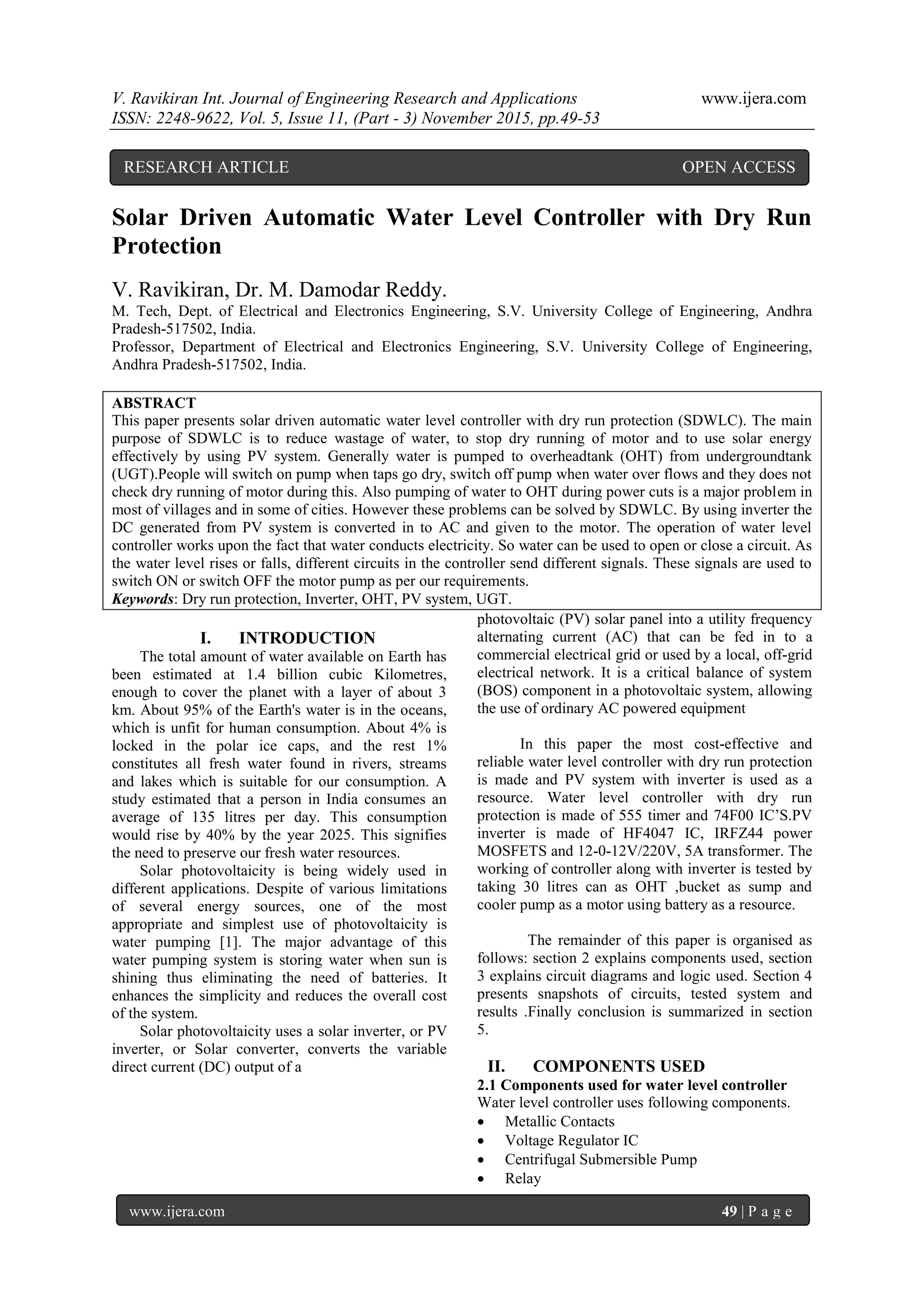 Solar Driven Automatic Water Level Controller With Dry Run Protection Pdf Technology And Computing